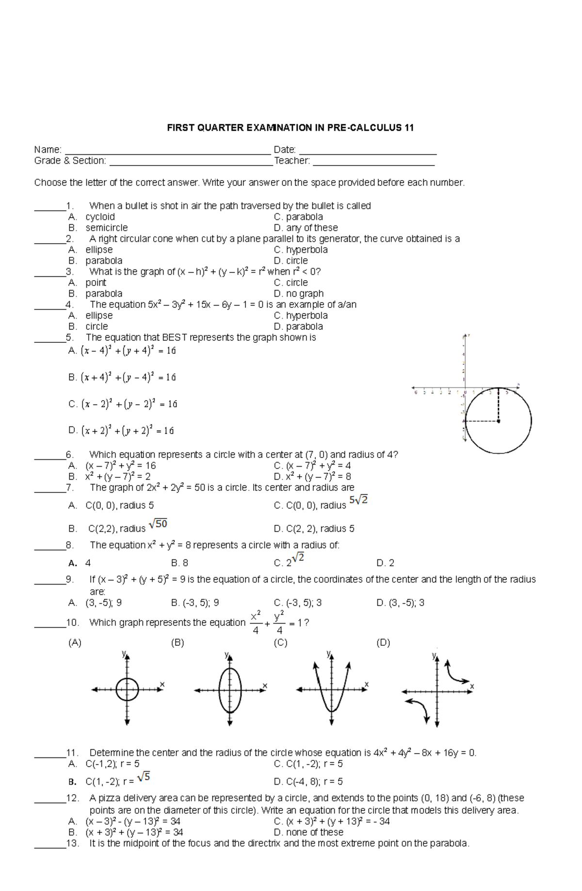 423970287 pre cal 1st q exam - FIRST QUARTER EXAMINATION IN PRE ...