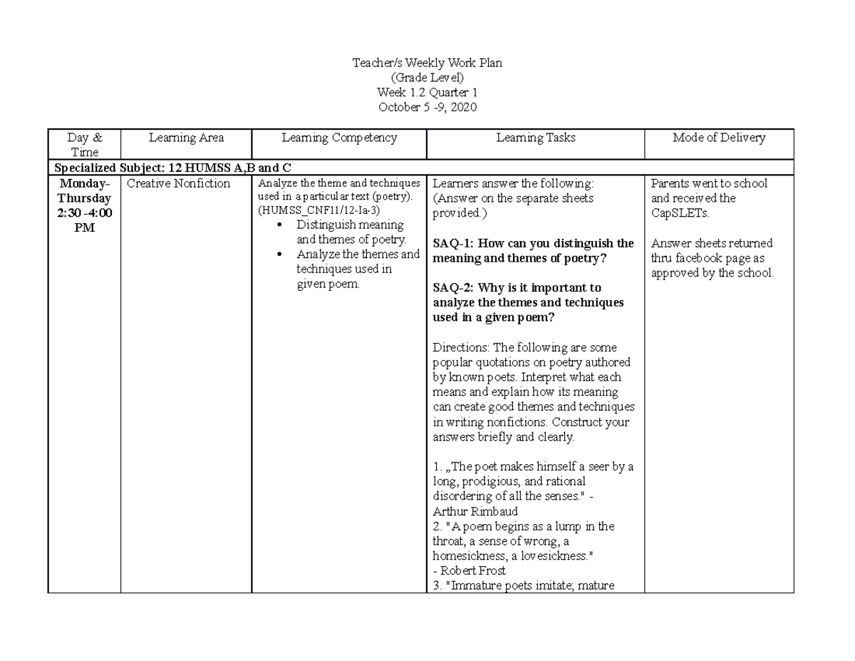 Teachers-Weekly-1.2Work-Plan-Oct.-5-9 - Copy - Teacher/s Weekly Work ...