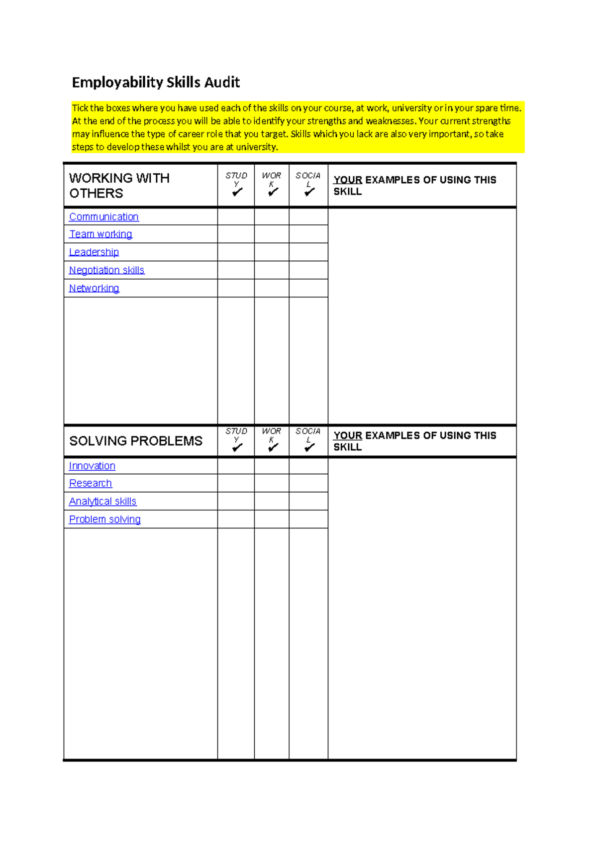Handout 2 - Employability Audit Worksheet - Employability Skills Audit ...