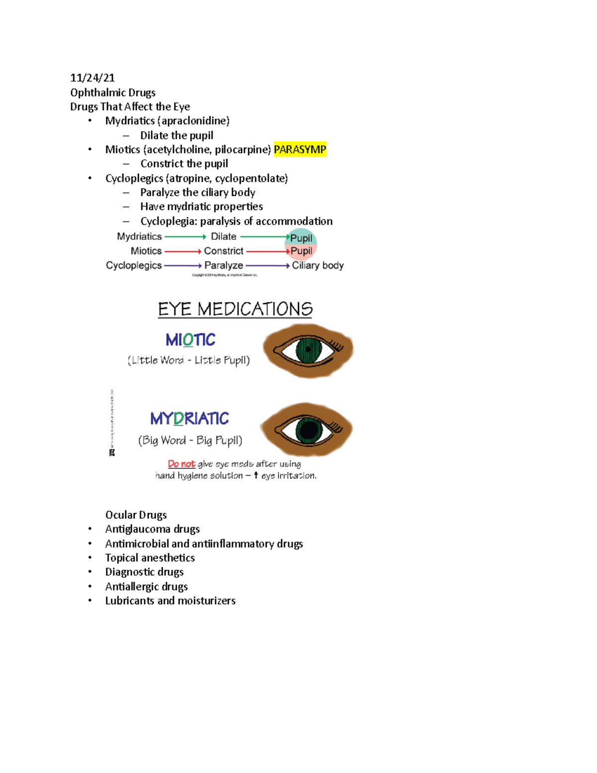 Notes - 11/24/ Ophthalmic Drugs Drugs That Affect the Eye - Mydriatics ...