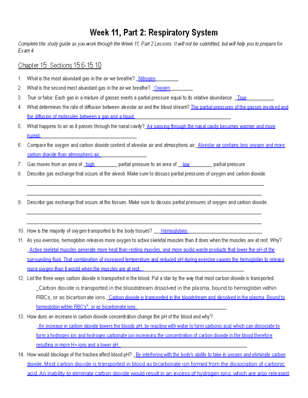 Answer KEY BIO 145 Week 11, Part 2 Study Guide - Week 11, Part 2: Respiratory System Complete ...