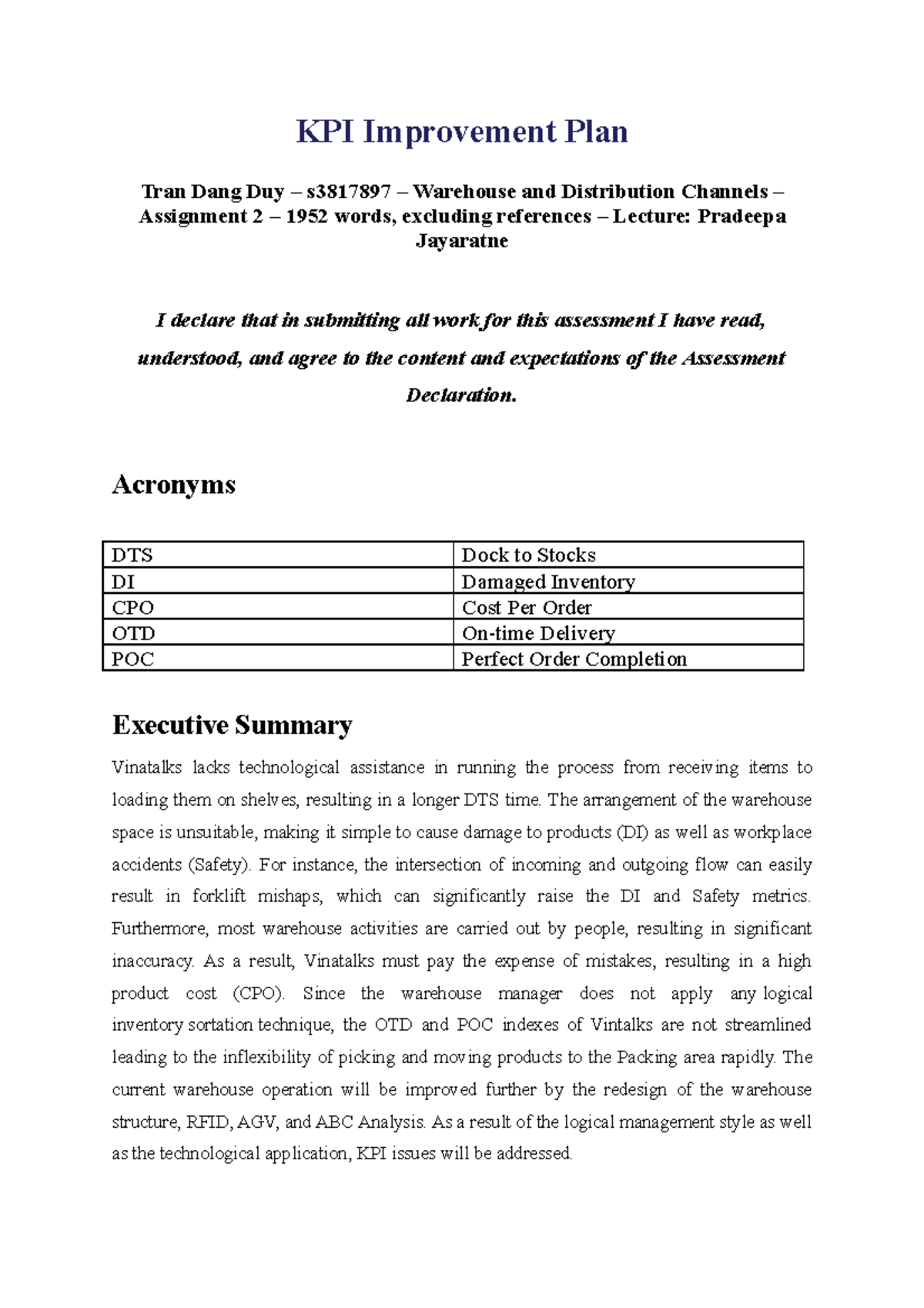 KPI Improvement Plan - KPI Improvement Plan Tran Dang Duy – s3817897 ...