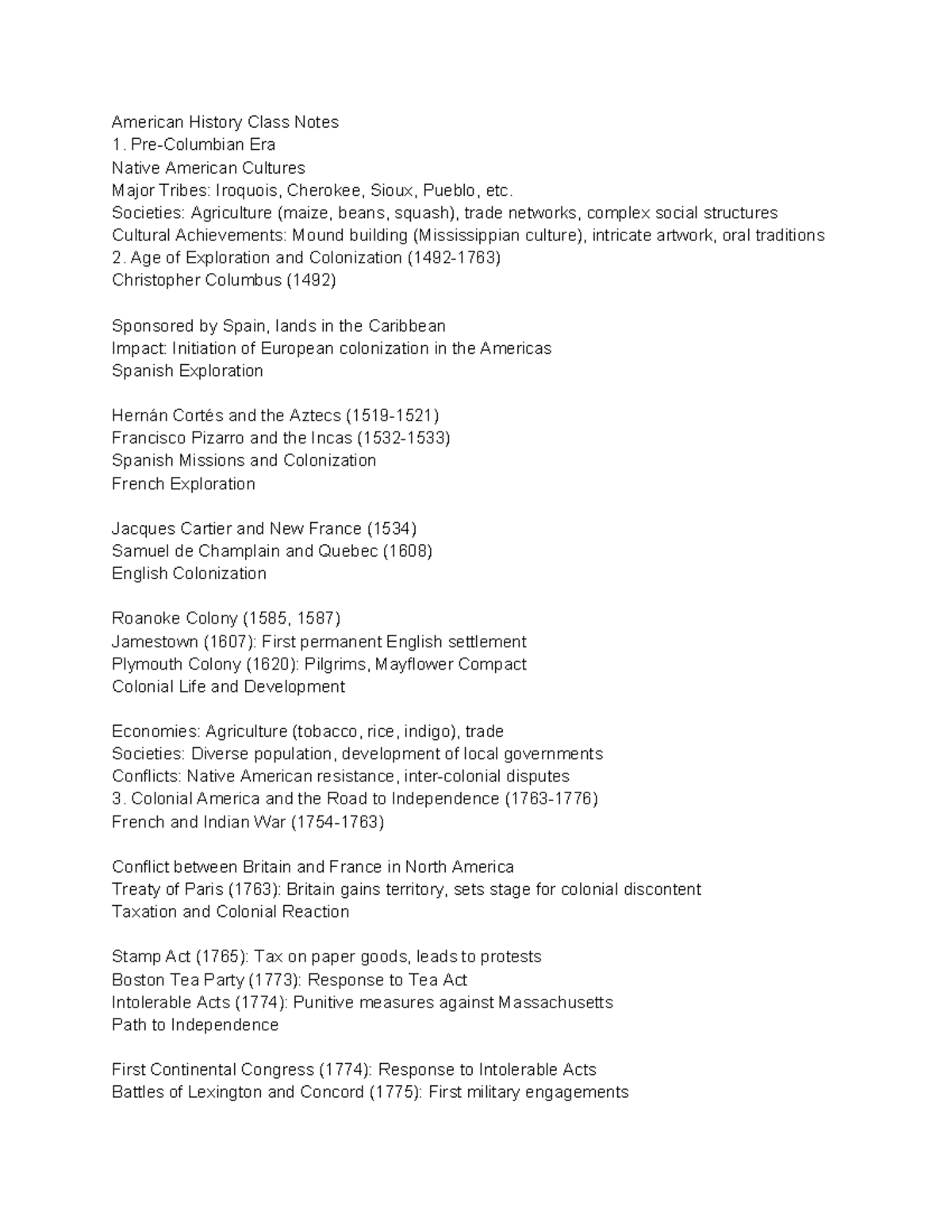 American History Class Notes - American History Class Notes Pre ...