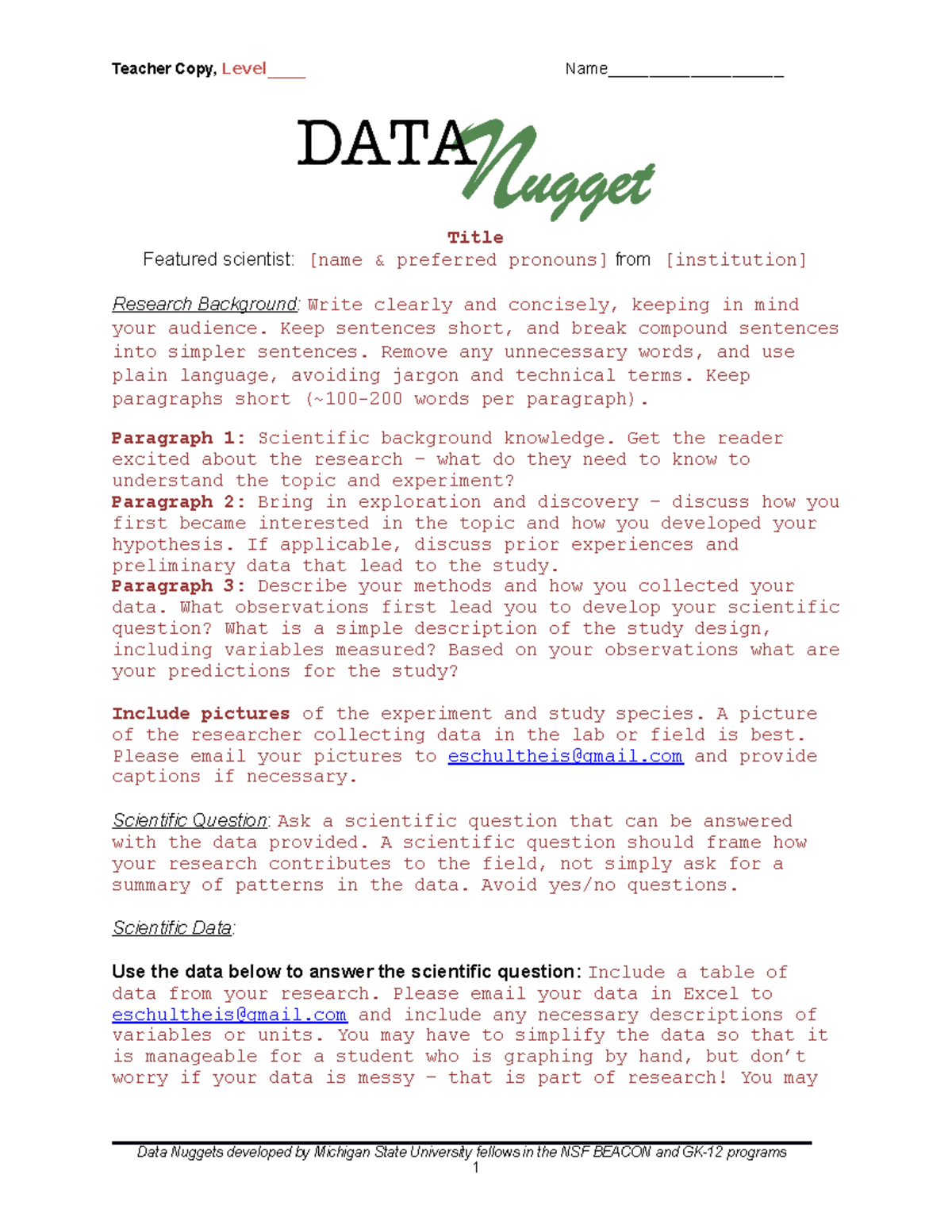 Data Nugget Observational Template - Teacher Copy, Level____ Name_________________ Title ...