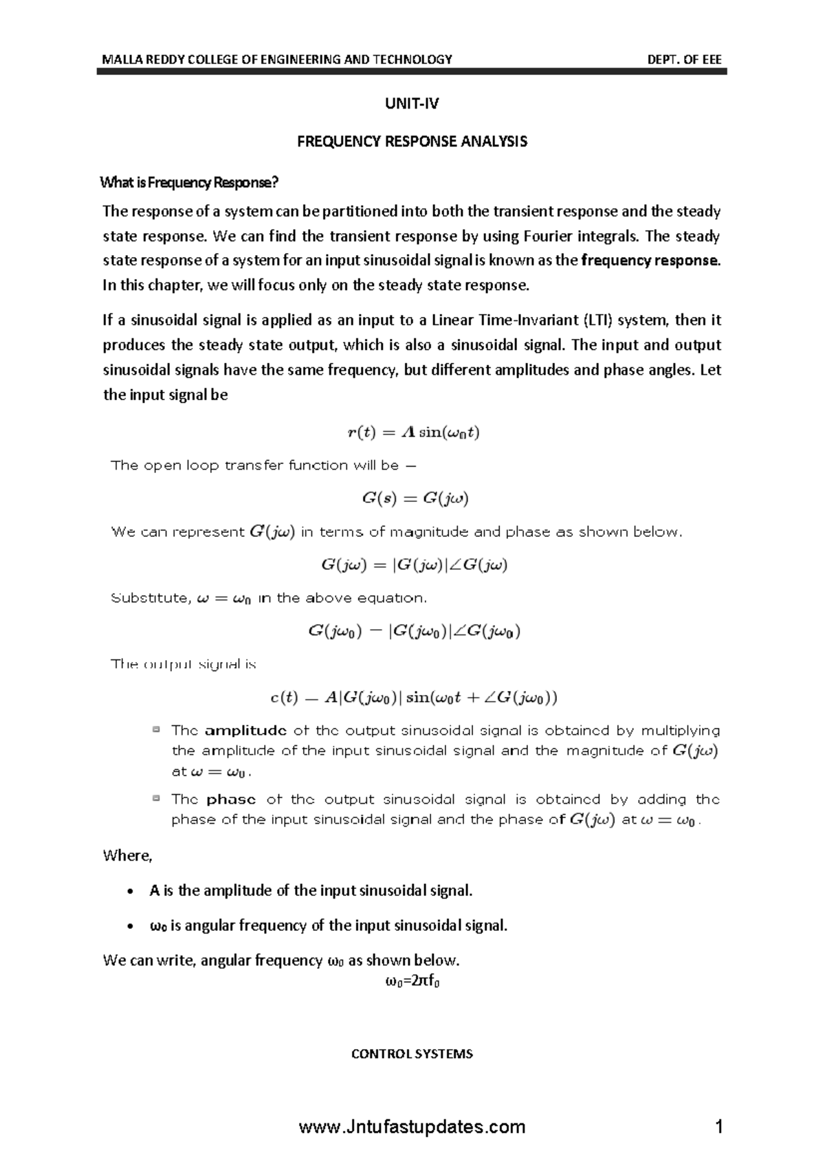 LCS R19 - Unit-4 - Follow this note book - CONTROL SYSTEMS UNIT-IV FREQUENCY RESPONSE ANALYSIS ...