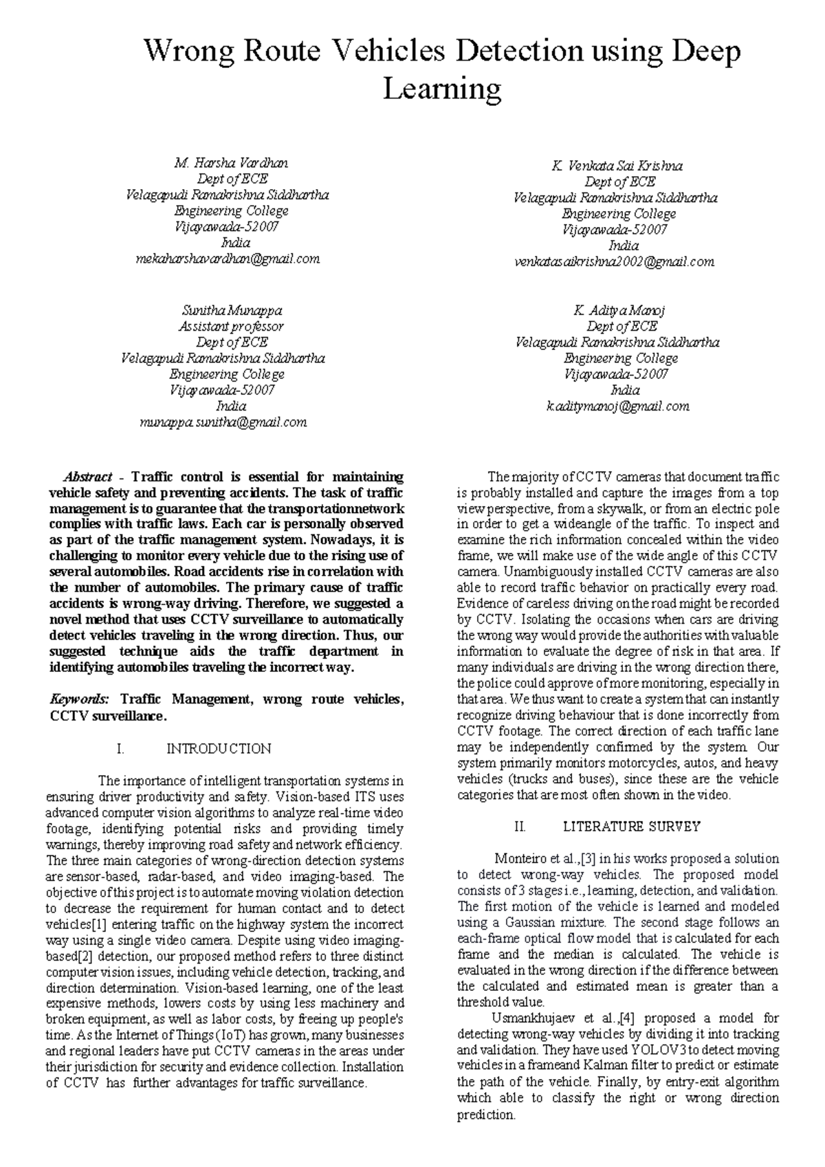 Wrong Route Vehicles Detection using Deep Learning-1.pdf - Harsha Vardhan Dept of ECE Velagapudi ...