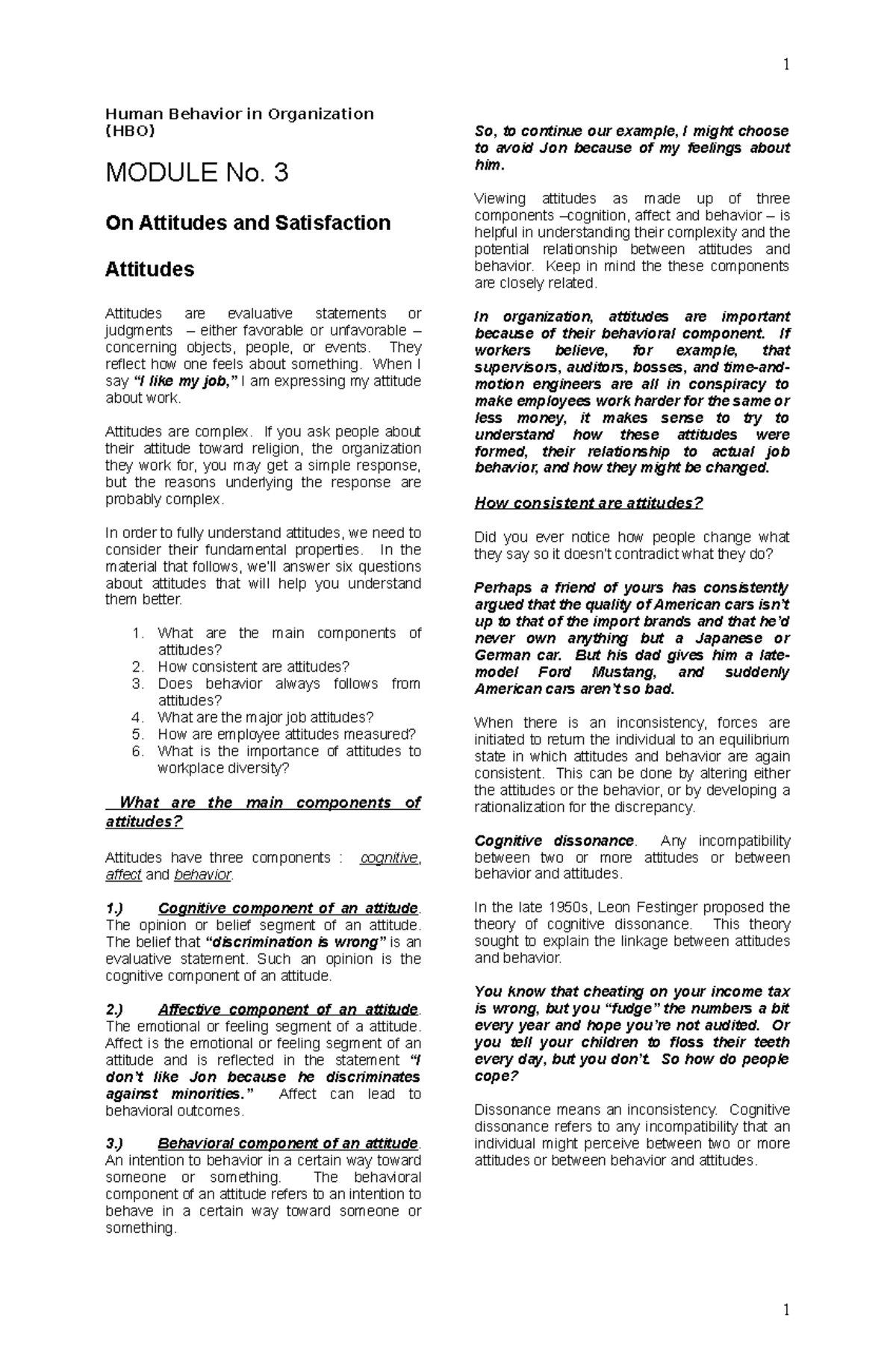 HBO-Module-No - good - Human Behavior in Organization (HBO) MODULE No. 3 On Attitudes and - Studocu