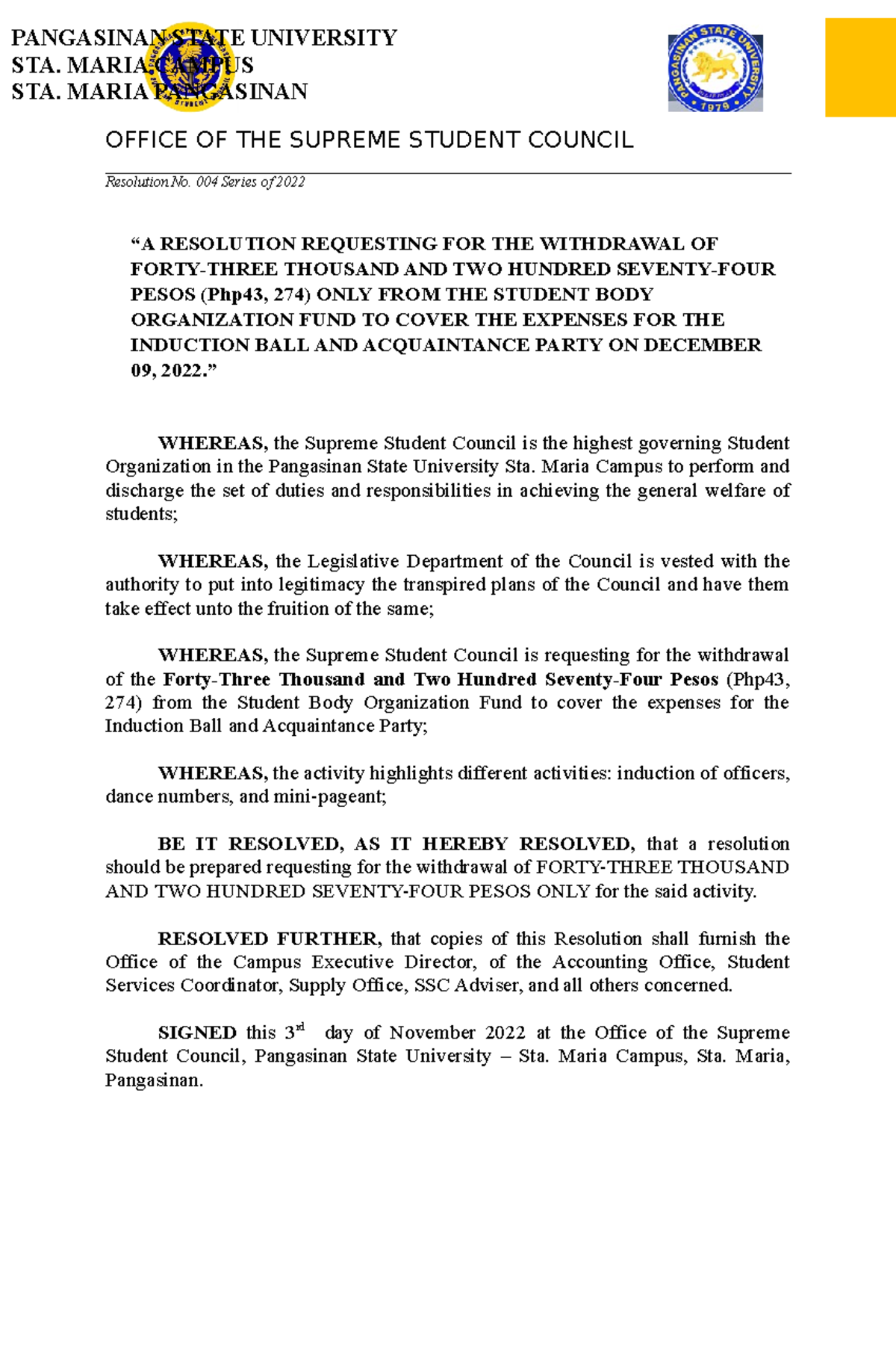 Reso. 004 SSC 2022 - For reference. - OFFICE OF THE SUPREME STUDENT COUNCIL - Studocu