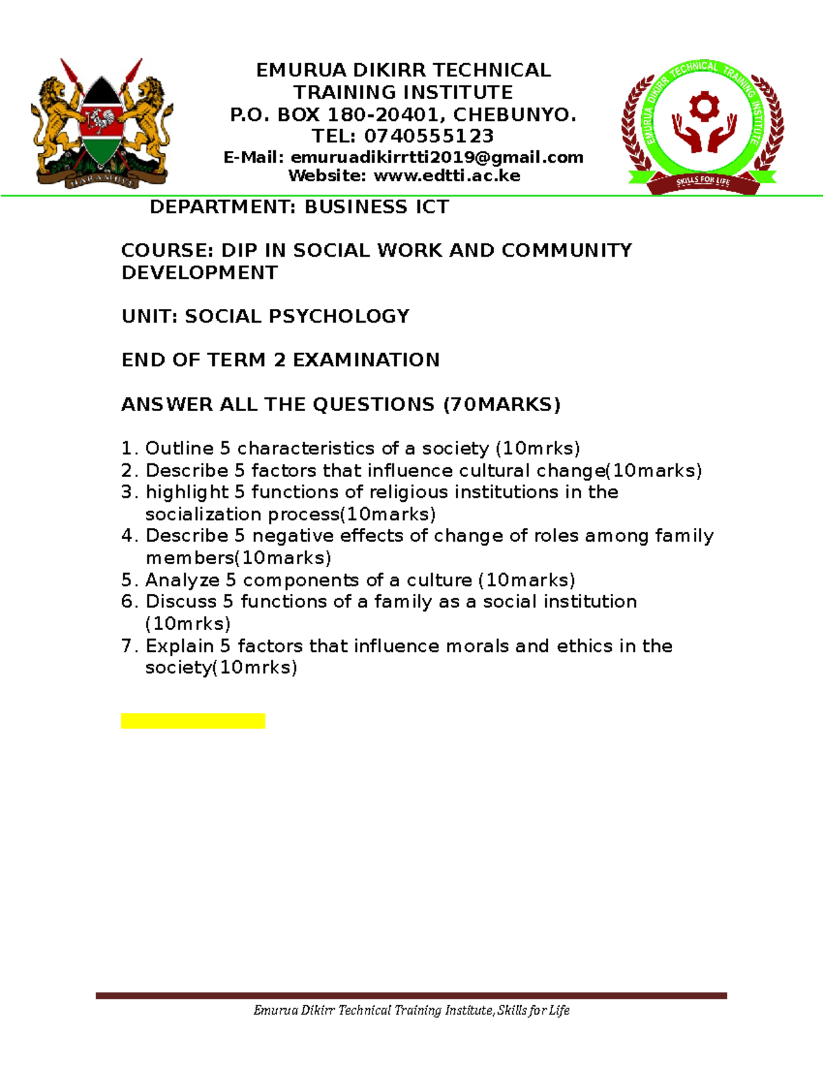 Social Psychology Exams - O DEPARTMENT: BUSINESS ICT COURSE: DIP IN ...