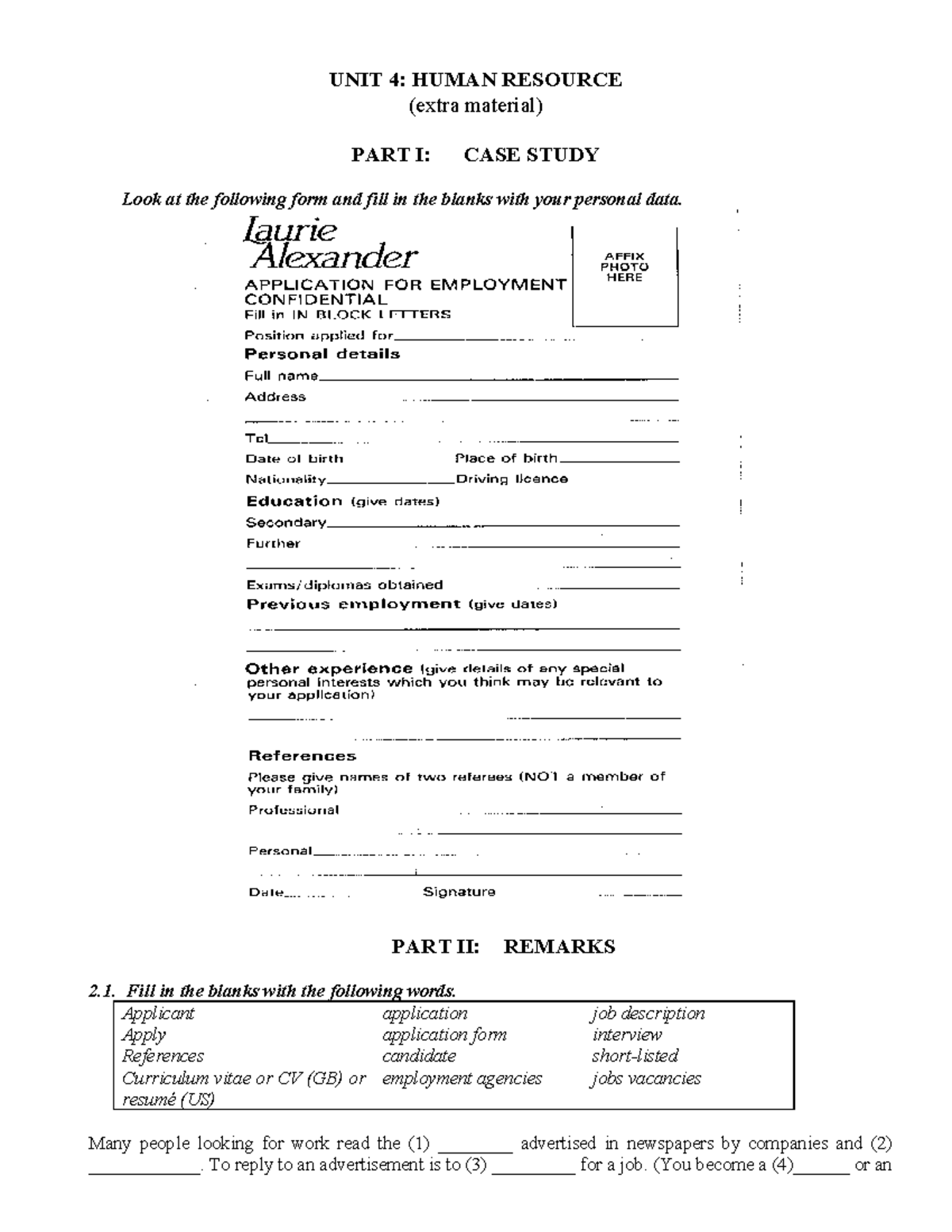 04 UNIT 4 - class 1 2 - jobs - UNIT 4: HUMAN RESOURCE (extra material ...