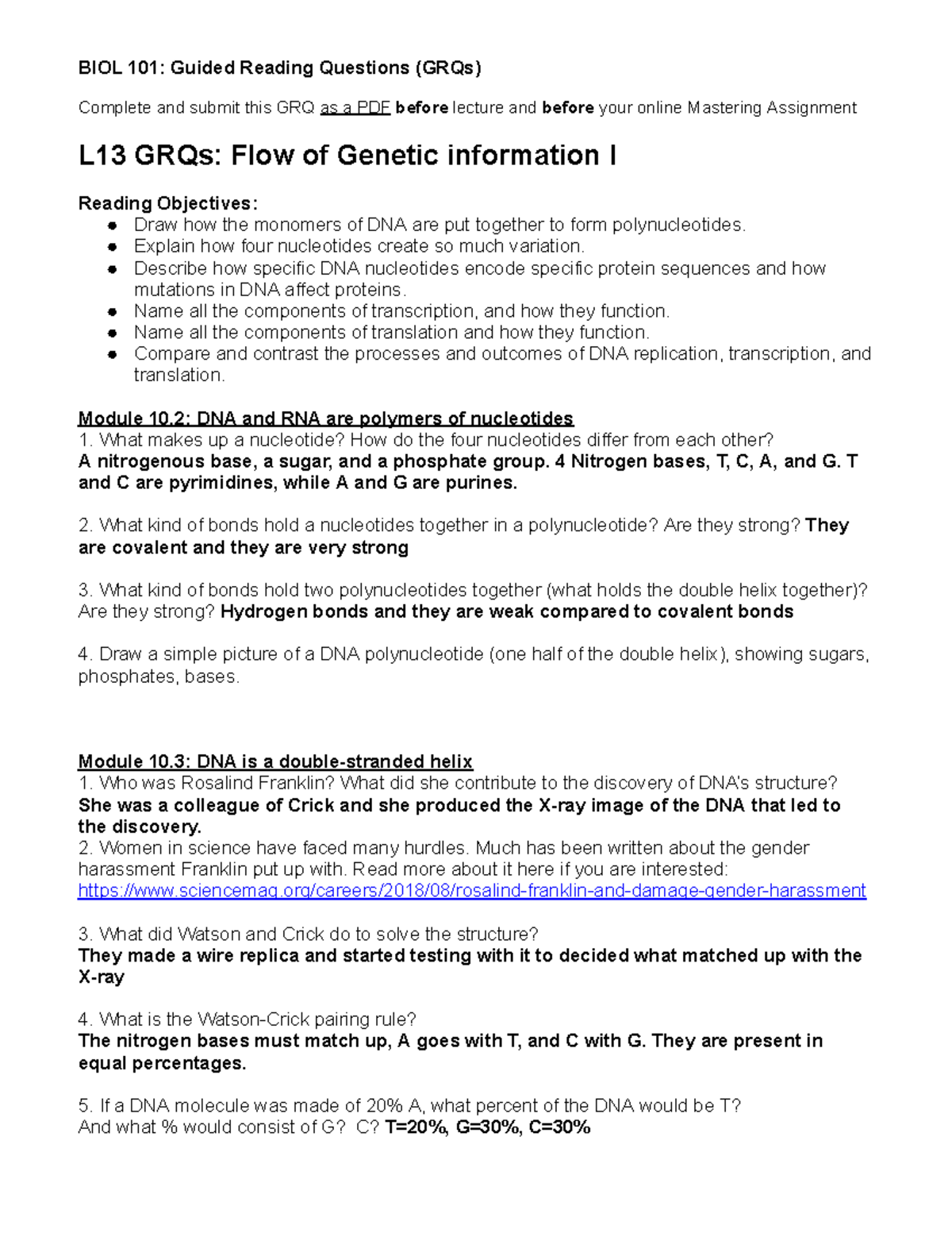 Lesson 13 GRQs Flow of Genetic information Part 1 - Complete and submit ...