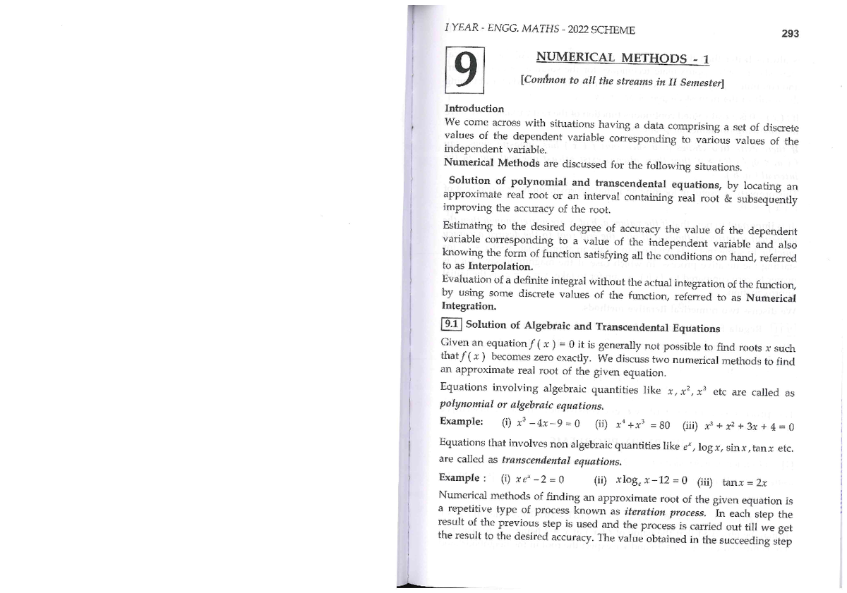 Numerical Methods-1 - I YEAR ENGG. MATHS 2022 SCHEME 293 9 NUMERICAL ...
