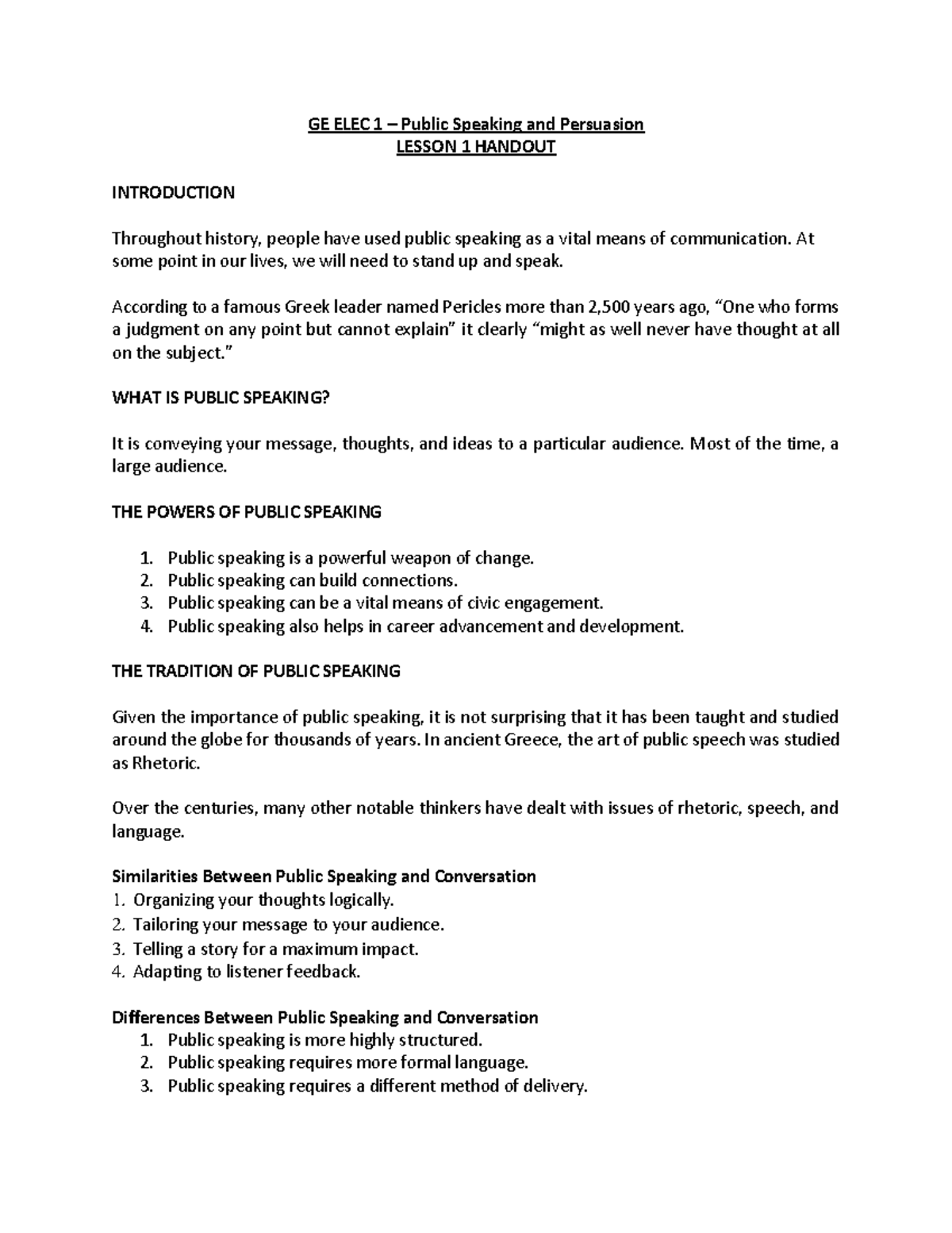 Geelec 1 Lesson 1 Handout F2F - GE ELEC 1 – Public Speaking and ...