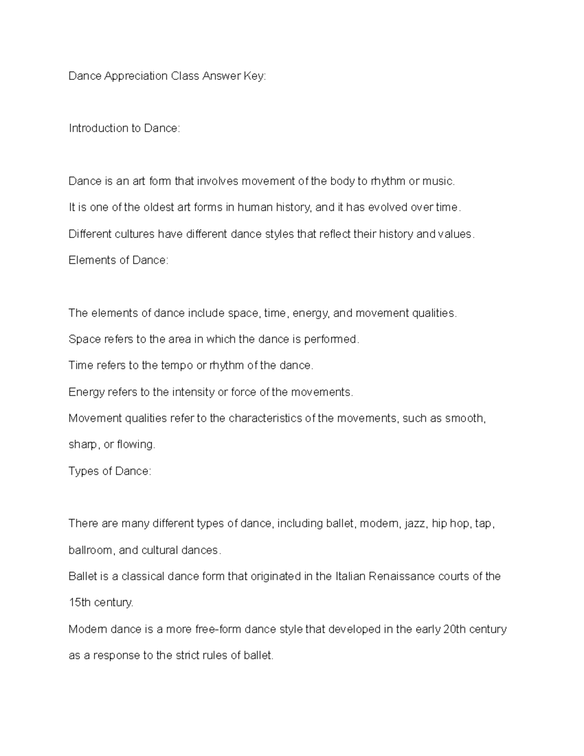 Dance Appreciation Class Answer Key - Dance Appreciation Class Answer ...