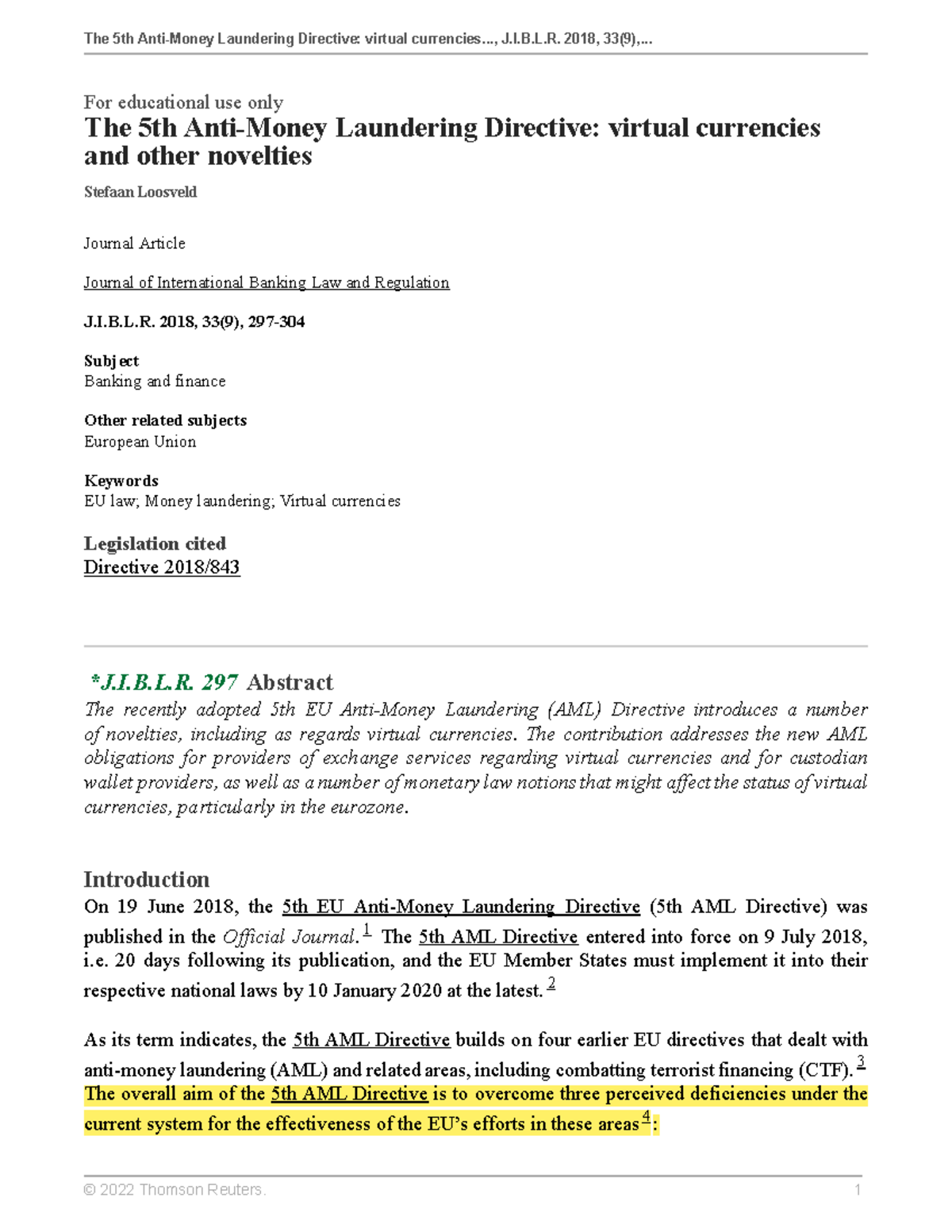 Bl aml 6 - reading on aml - For educational use only The 5th Anti-Money ...