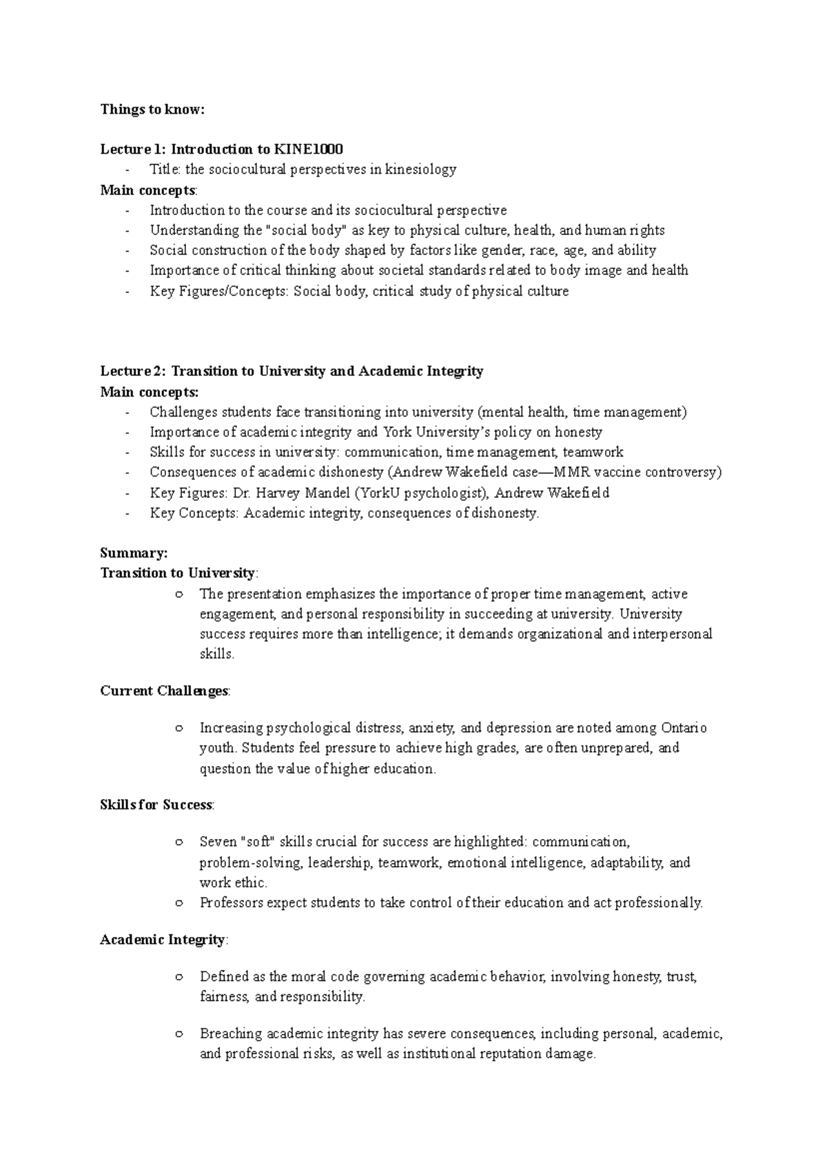 Kin 1000 Tut - Study - Things to know: Lecture 1: Introduction to KINE - Title: the ...