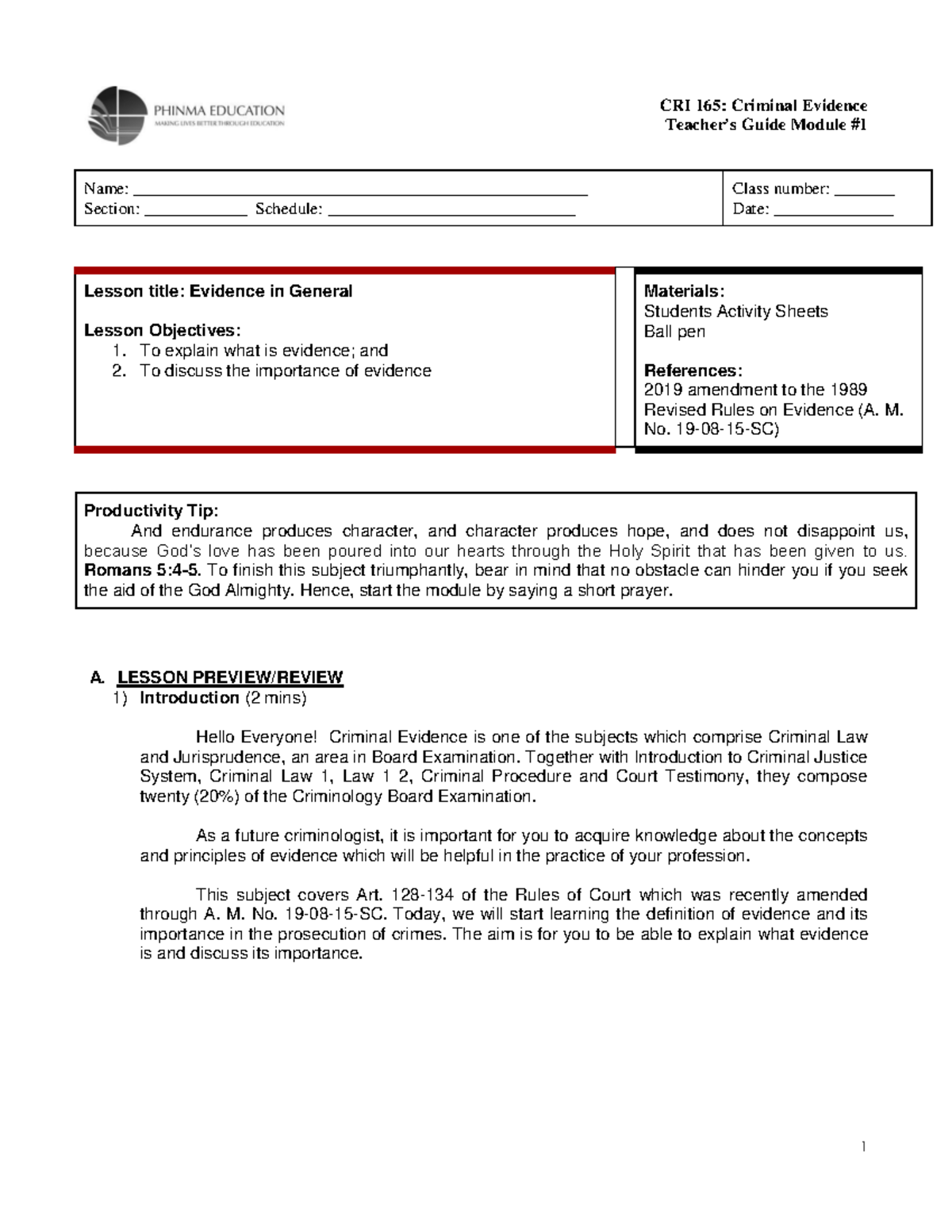 TG-Module-1 - N)a - Teacher’s Guide Module # Name: - Studocu