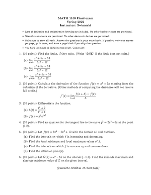 MATH 1109 Spring 2022 Final exam - MATH 1109 Final exam Spring 2022 ...