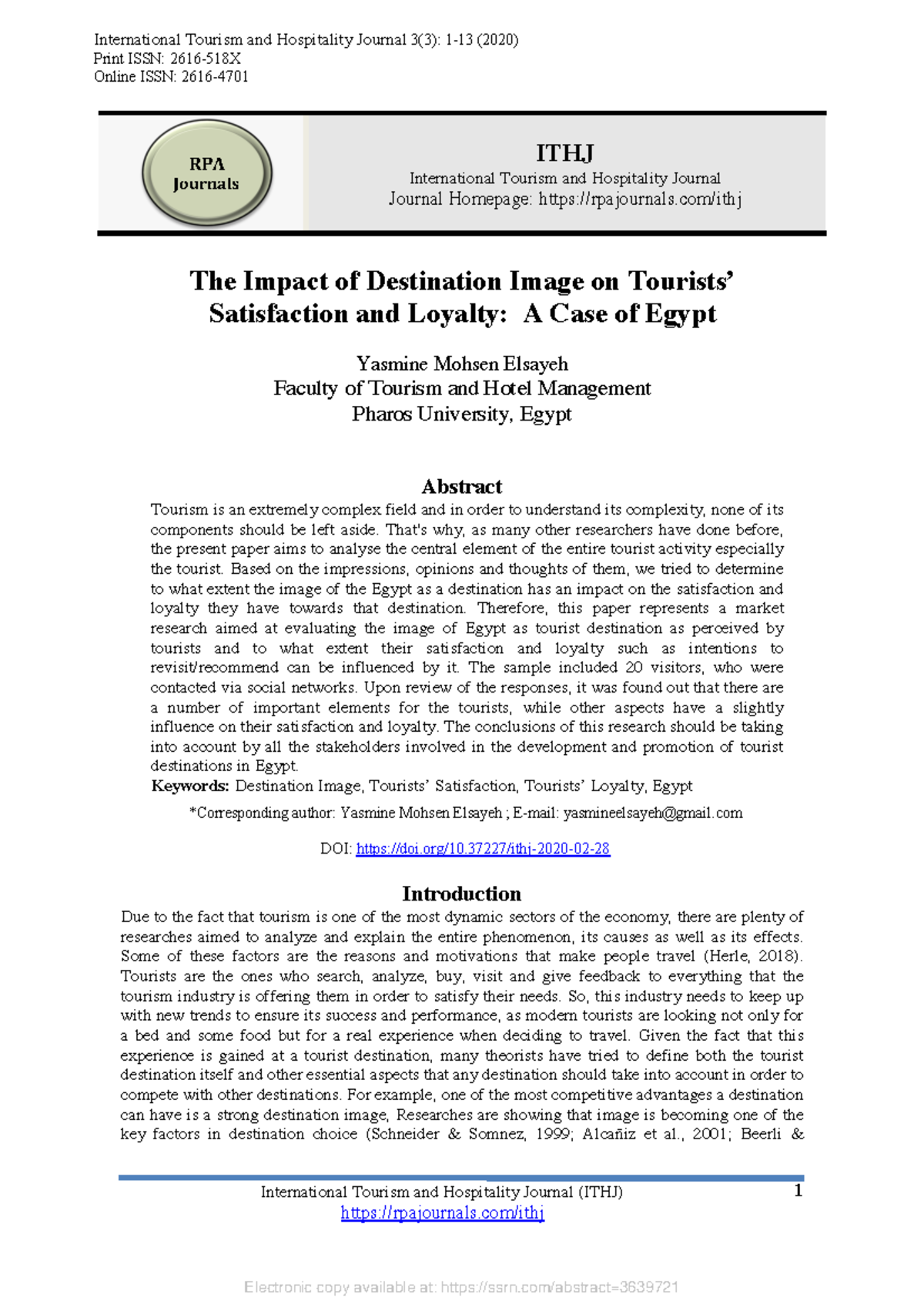 The Impact of Destination Image on Tourists’ - International Tourism ...