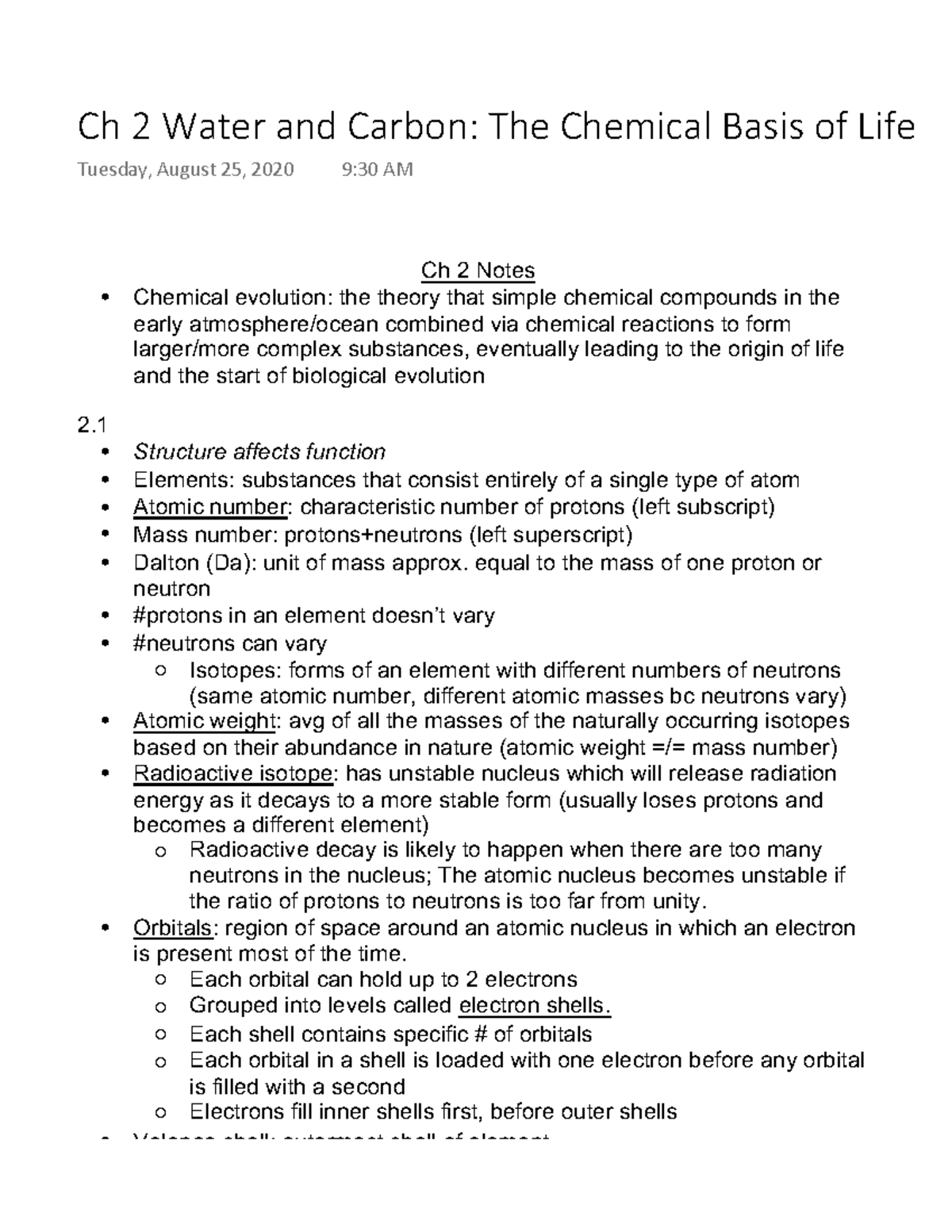 Ch 2 Water and Carbon The Chemical Basis of Life - Ch 2 Notes Chemical ...