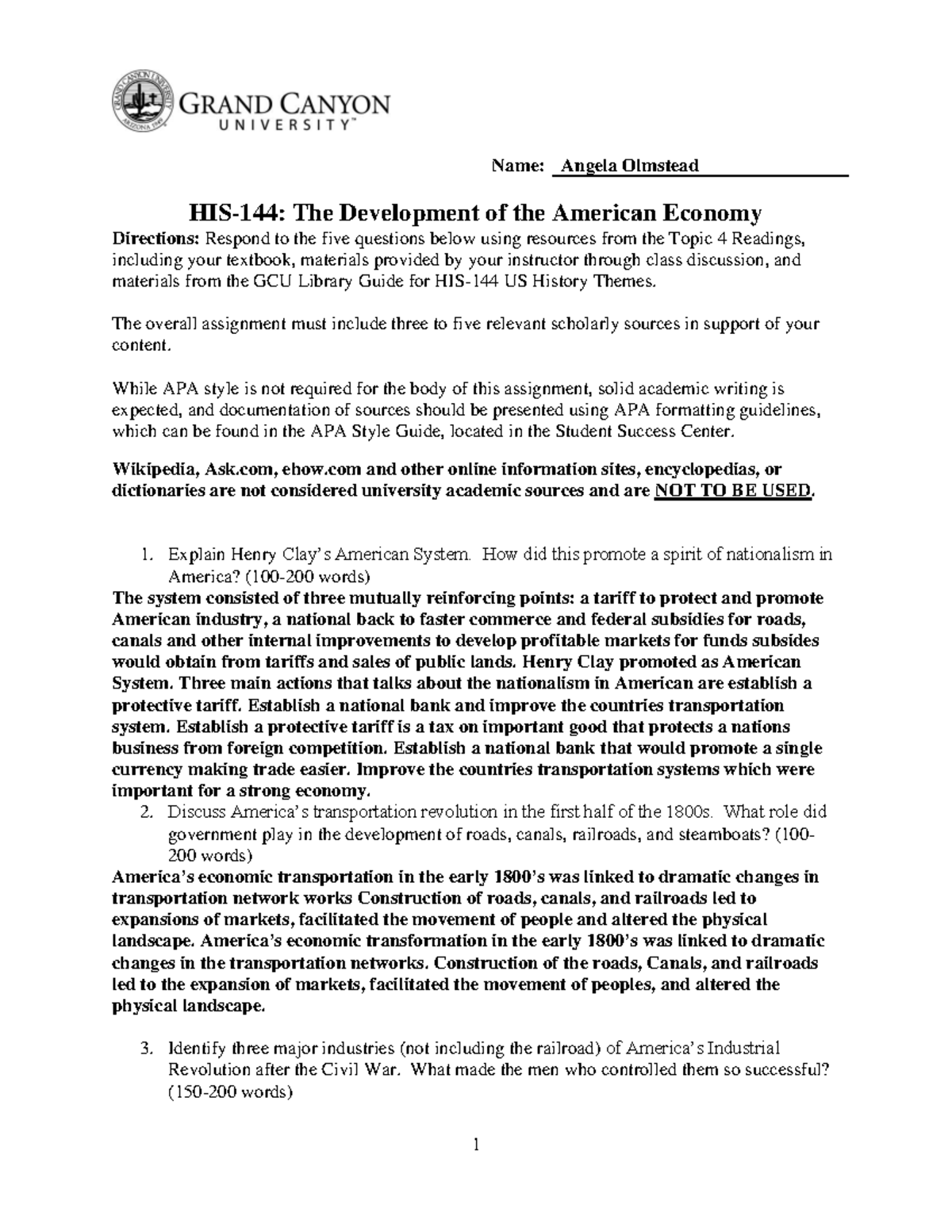 Assignment i was told to do so i did it. - 1 Name: Angela Olmstead HIS ...