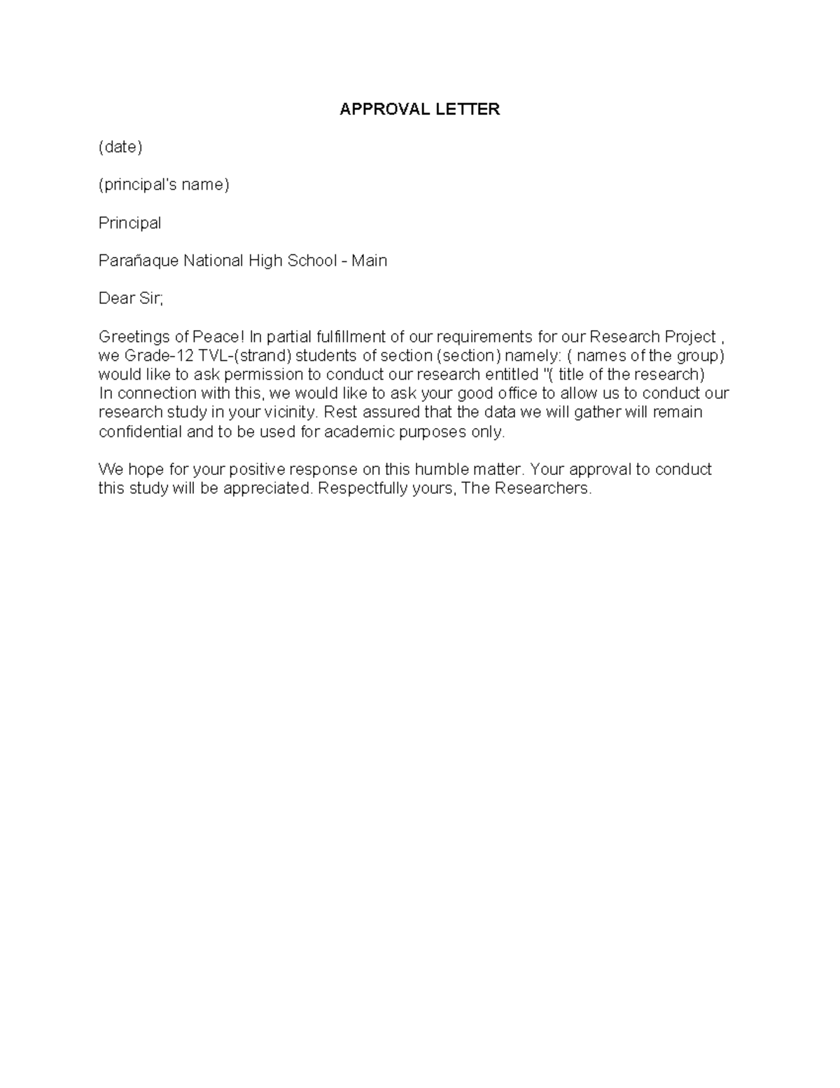 Approval Letter sample Copy - APPROVAL LETTER (date) (principal’s name ...
