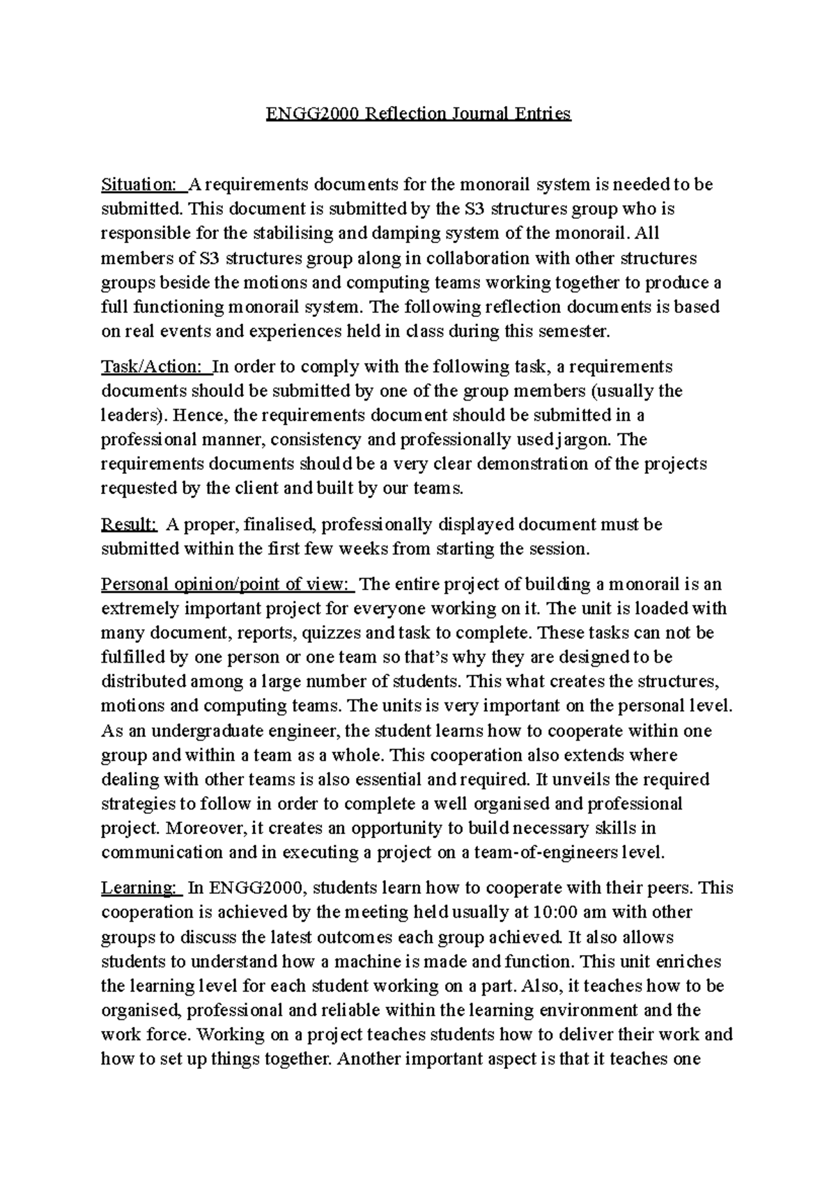 Reflective document - ENGG2000 Reflection Journal Entries Situation: A ...