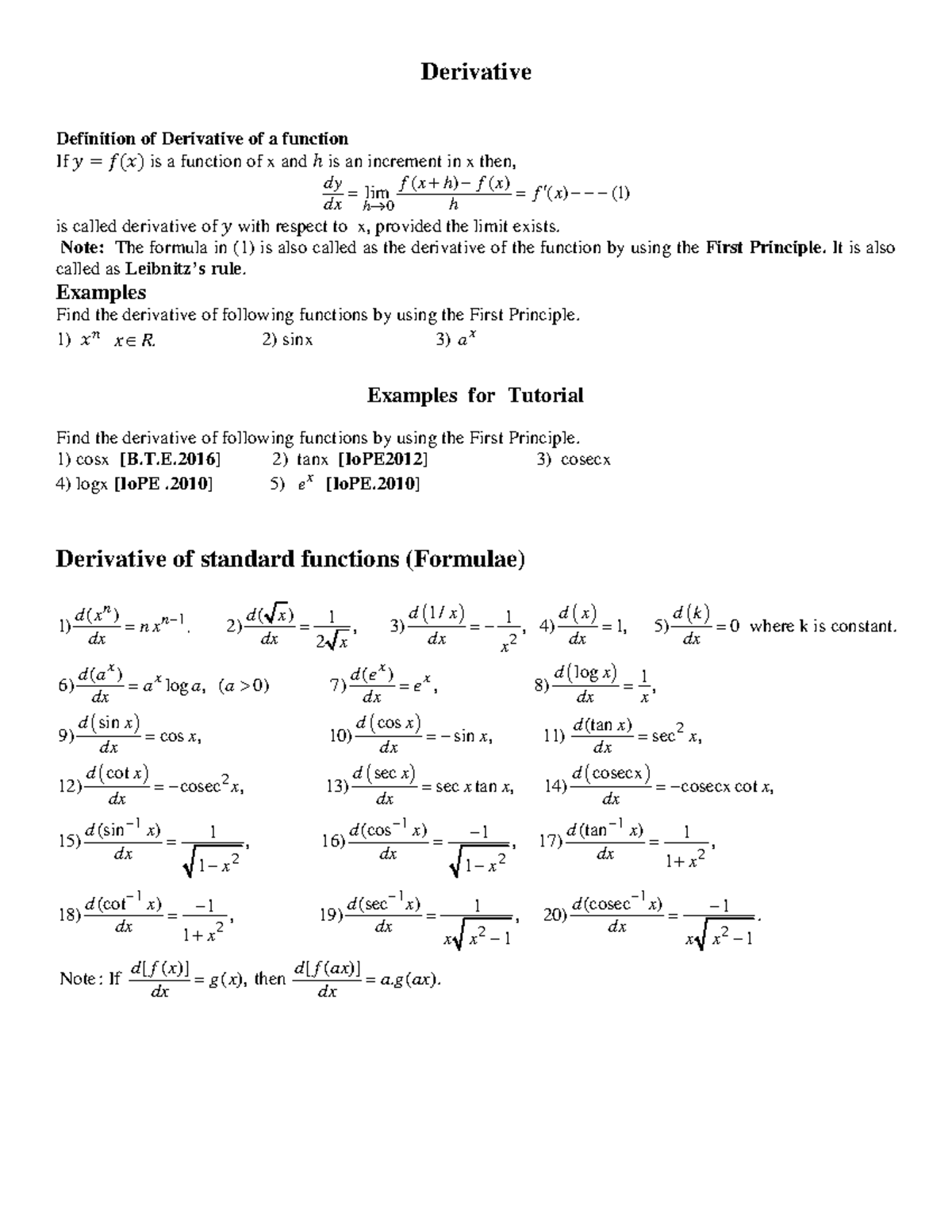 Derivative student - Summary - Derivative Definition of Derivative of a ...