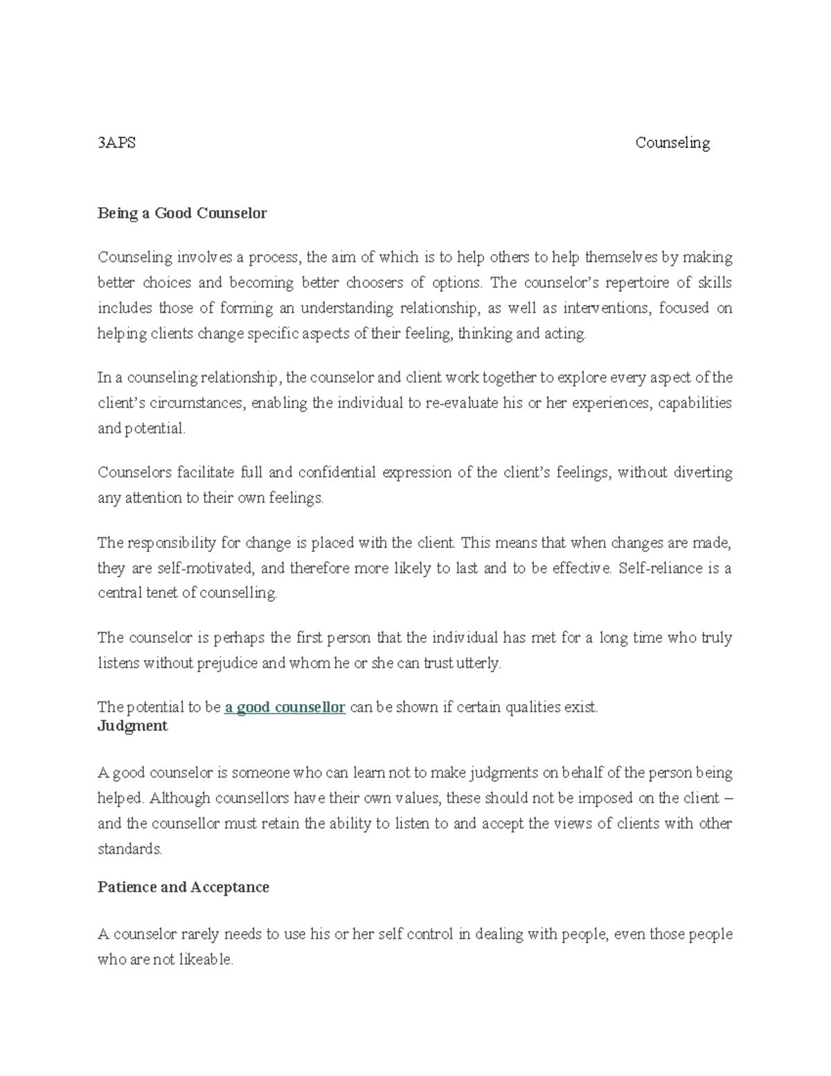 Counseling Notes - 3APS Counseling Being a Good Counselor Counseling ...