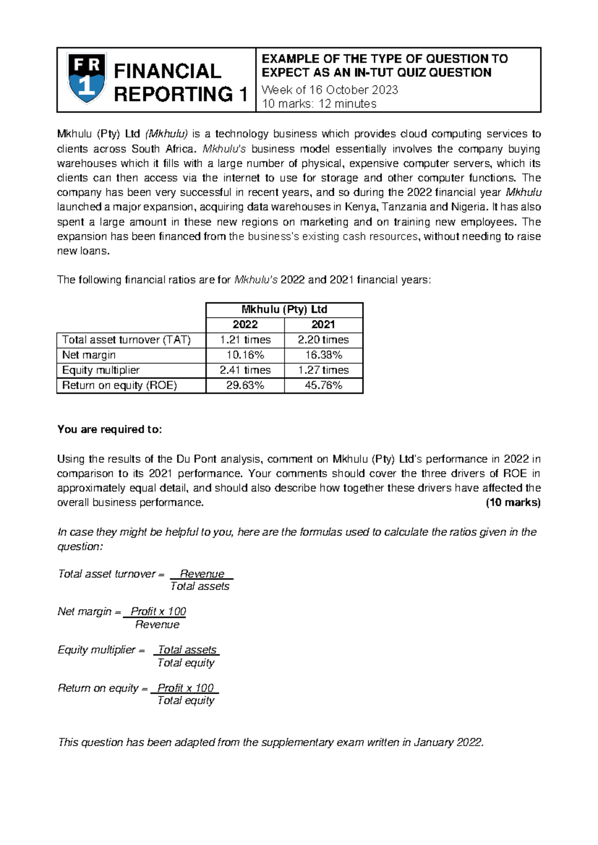 FR1-23 In-tut quiz 3 - example - Mkhulu (Pty) Ltd (Mkhulu) is a ...