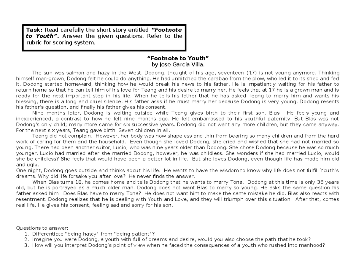 WEEK 1 - Activity - “Footnote to Youth” by Jose Garcia Villa. The sun ...