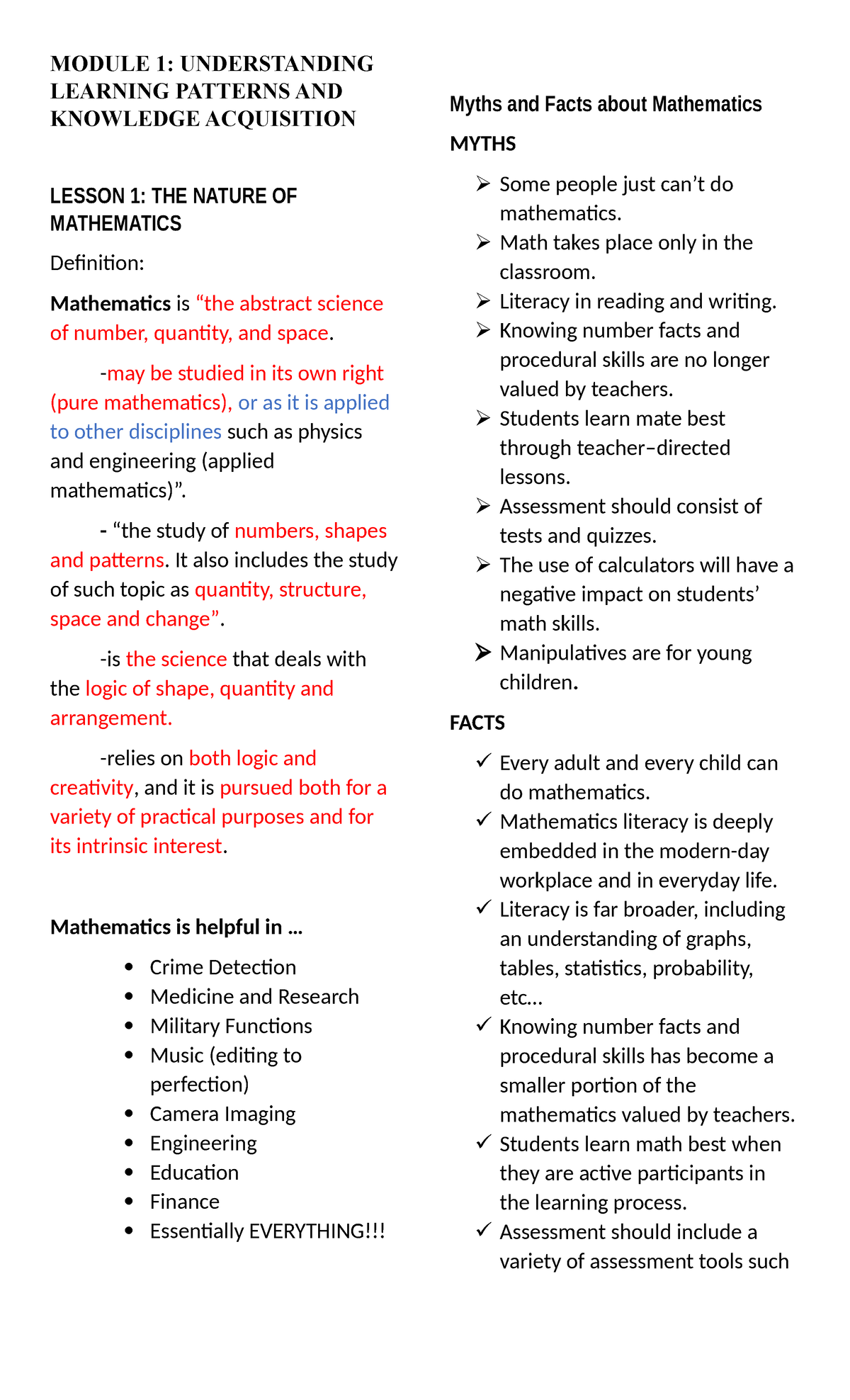 Module-1- Reviewer - lec - MODULE 1: UNDERSTANDING LEARNING PATTERNS AND KNOWLEDGE ACQUISITION ...