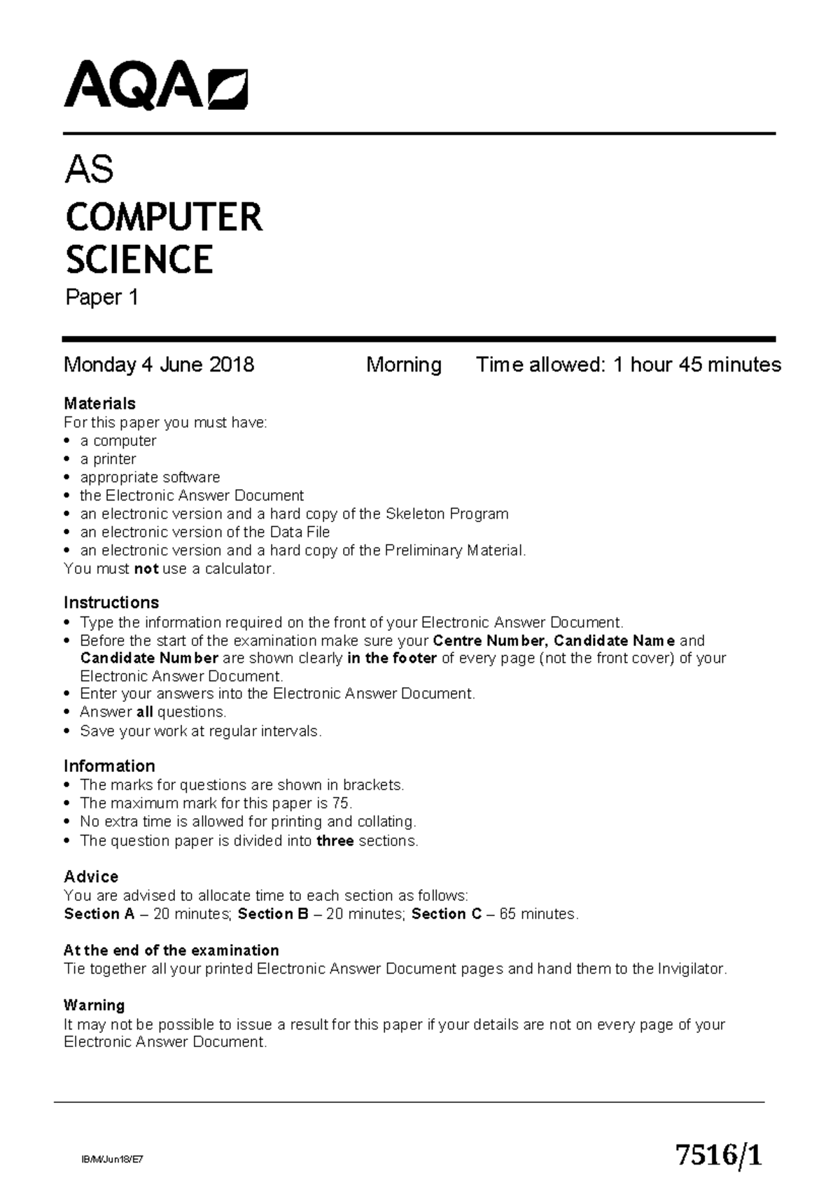 June 2018 Qp Paper 1 Aqa Computer Science As Level 1 Ibmjun18e7 7516 As Computer 2824