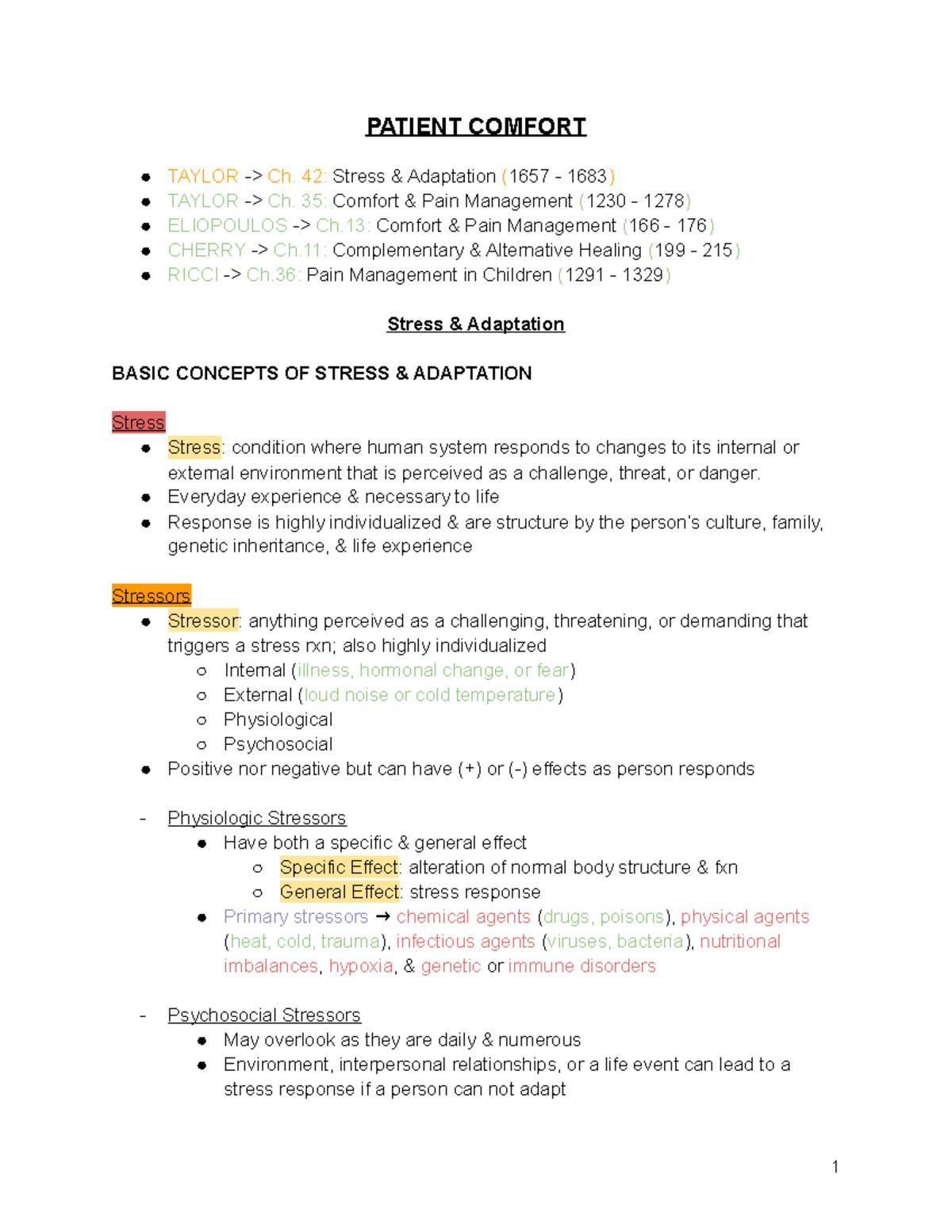 N11 Patient Comfort Notes - Exam #3 - PATIENT COMFORT TAYLOR -> Ch. 42 ...