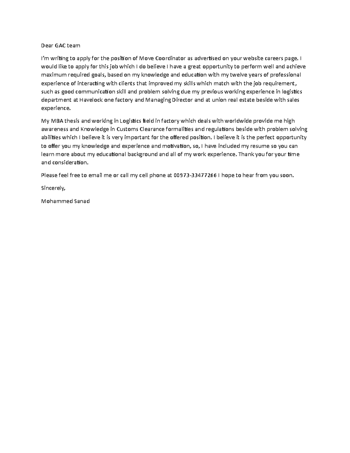 Cover letter - samples - Dear GAC team I’m writing to apply for the ...