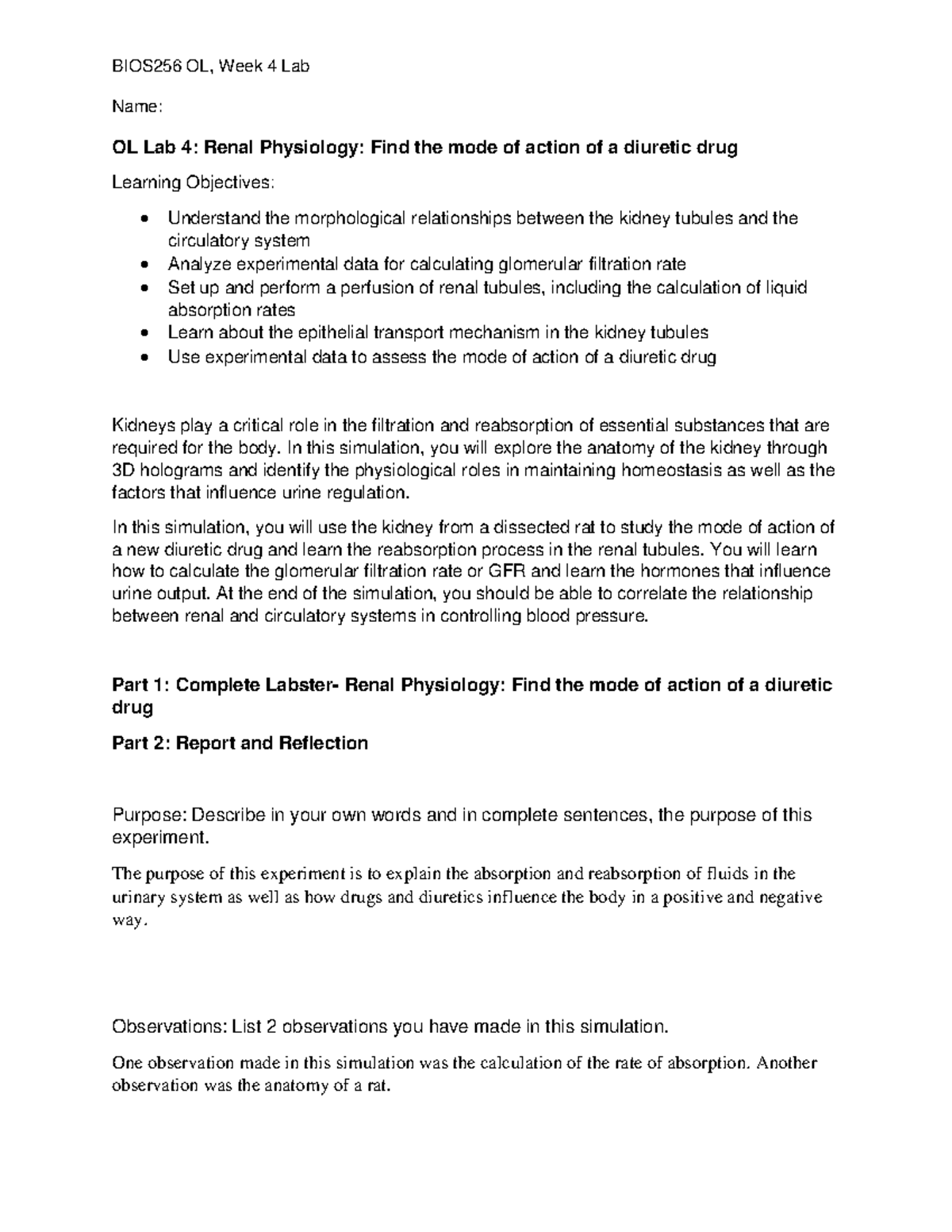 Final LABS BIOS256 Labs Week 4 lab - BIOS256 OL, Week 4 Lab Name: OL Lab 4: Renal Physiology ...