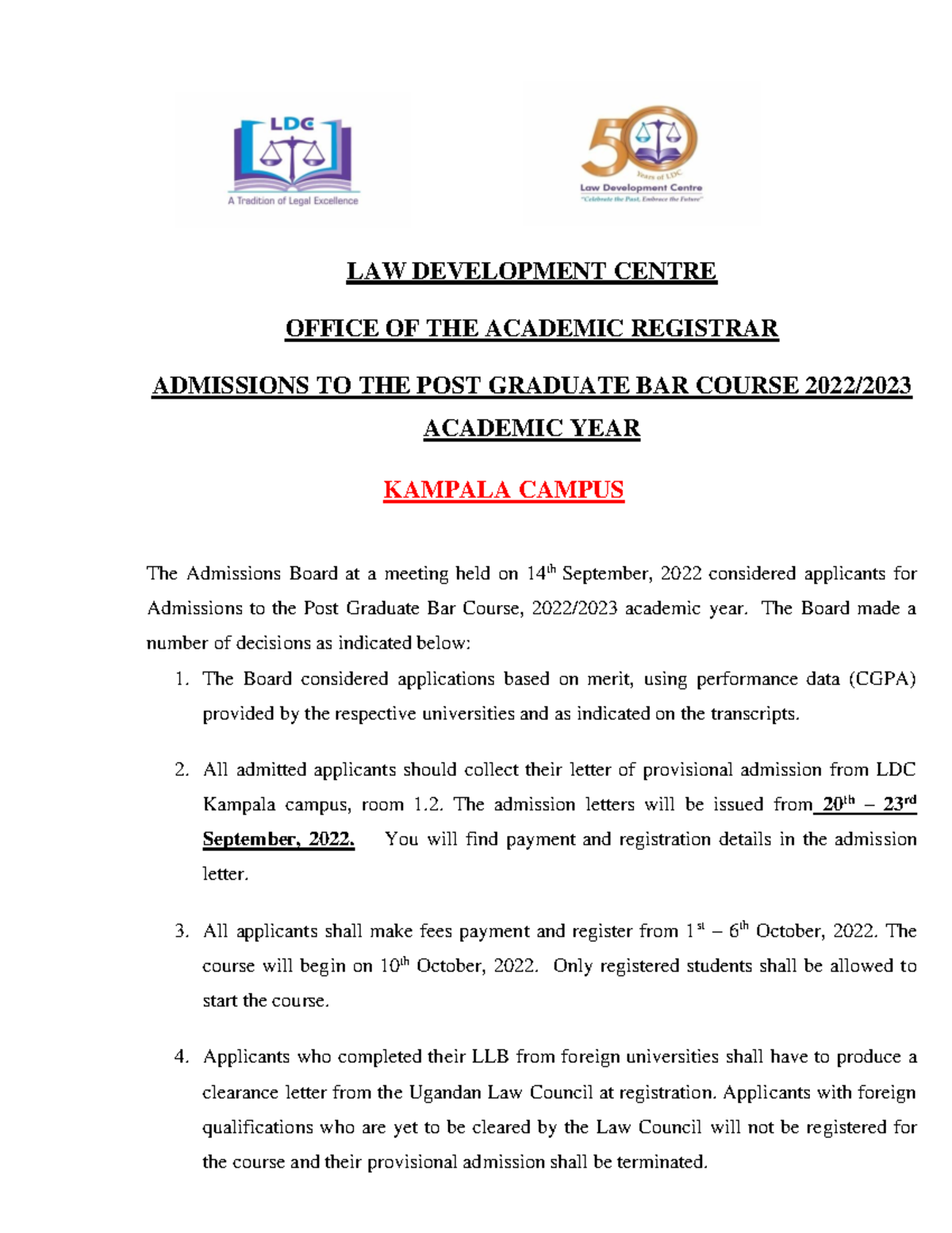 Admission list Bar course 2022-2023 AY - LAW DEVELOPMENT CENTRE OFFICE ...