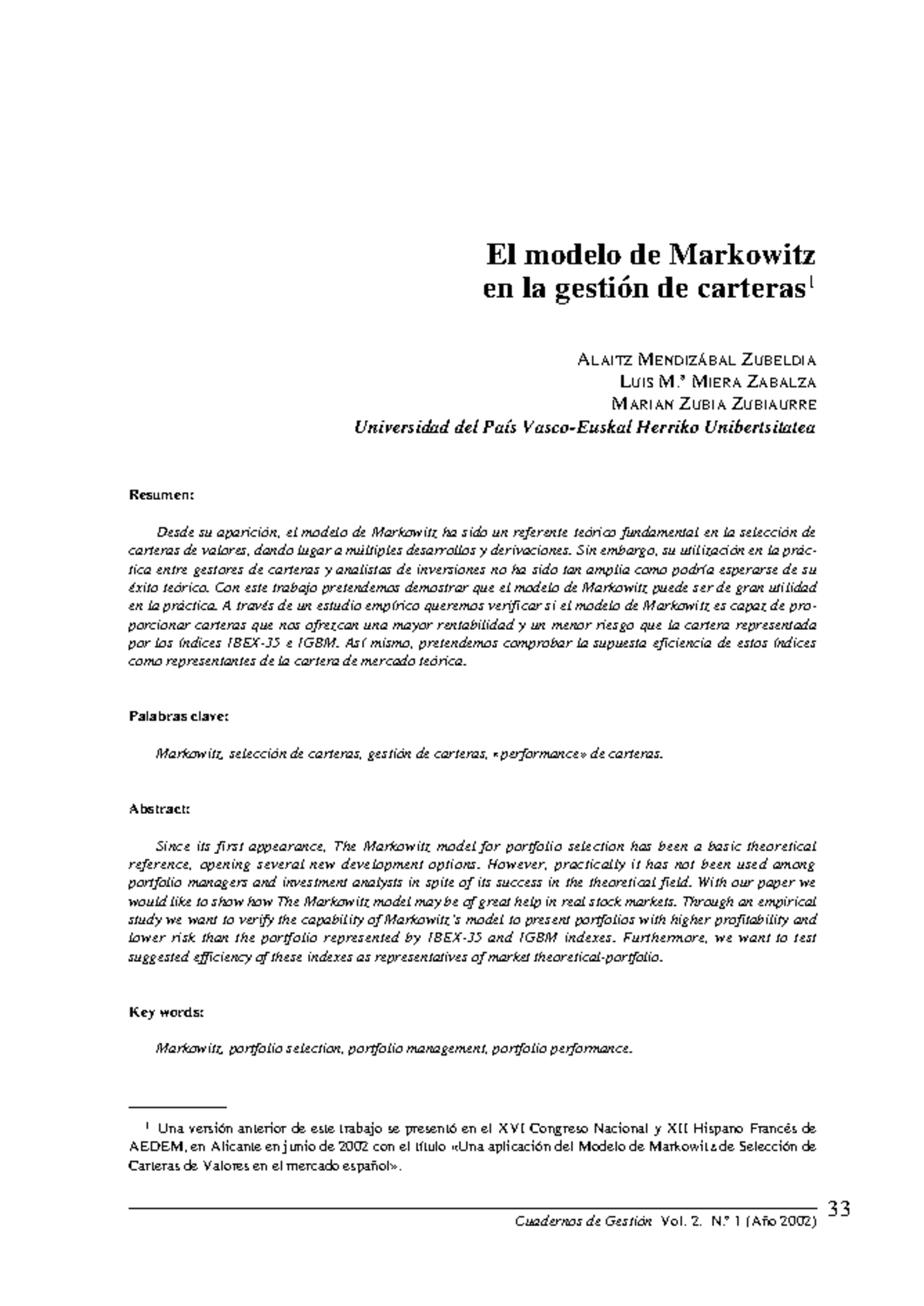 1 El modelo de Markowitz en la gestión de carteras - en la gestión de ...