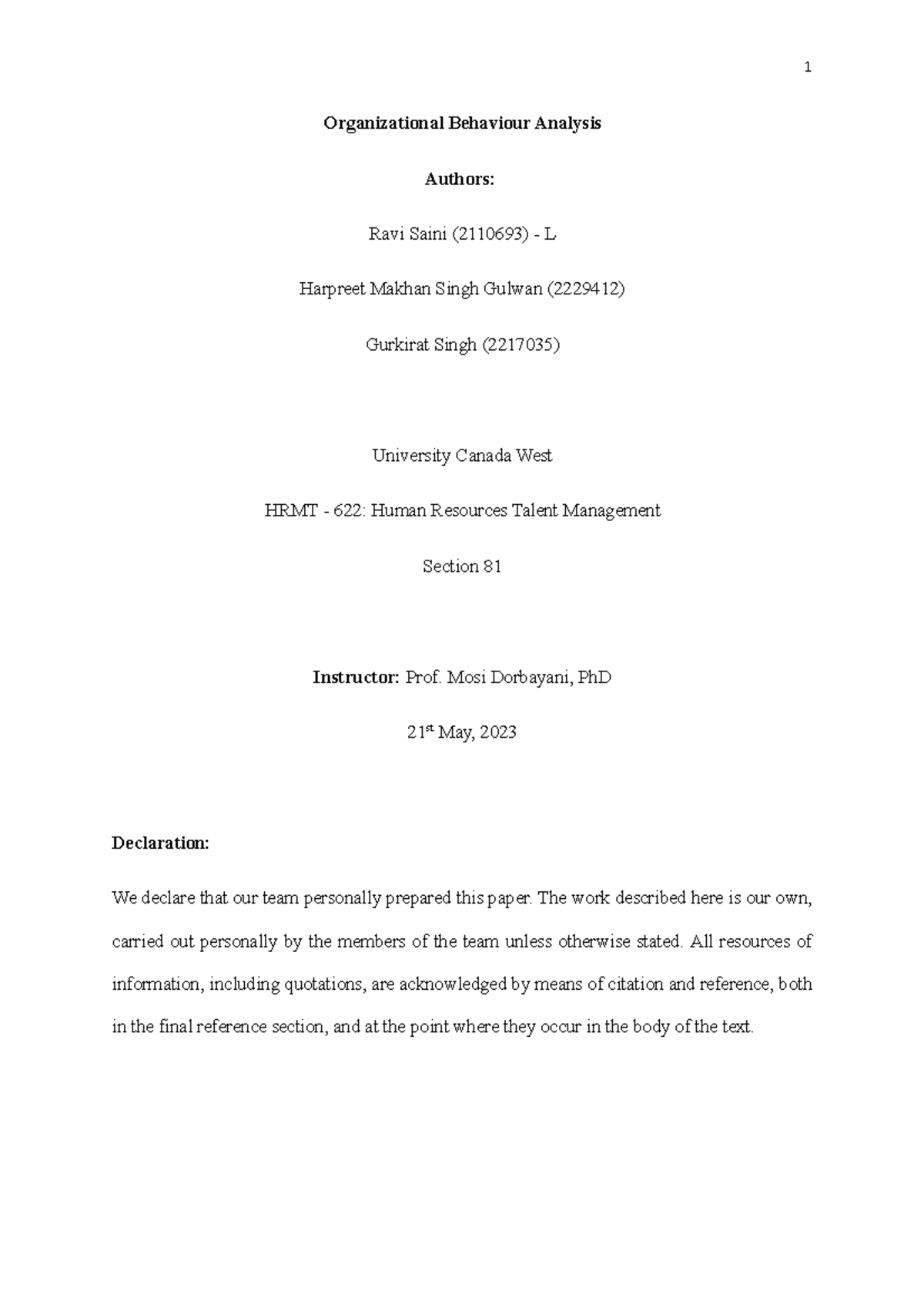 OBHR Group Assignment - HRMT 622 - UCW - Studocu