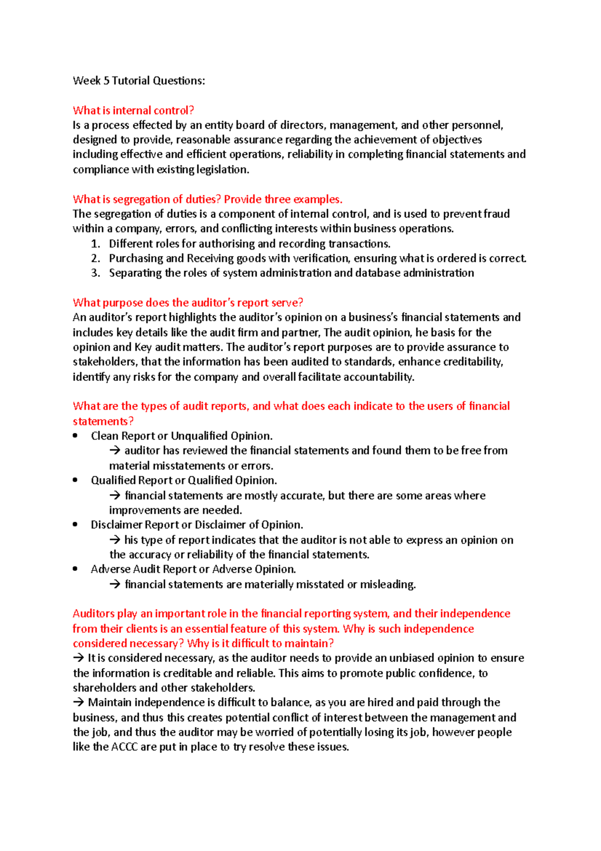 Week 5 Tutorial Questions - Week 5 Tutorial Questions: What is internal control? Is a process ...