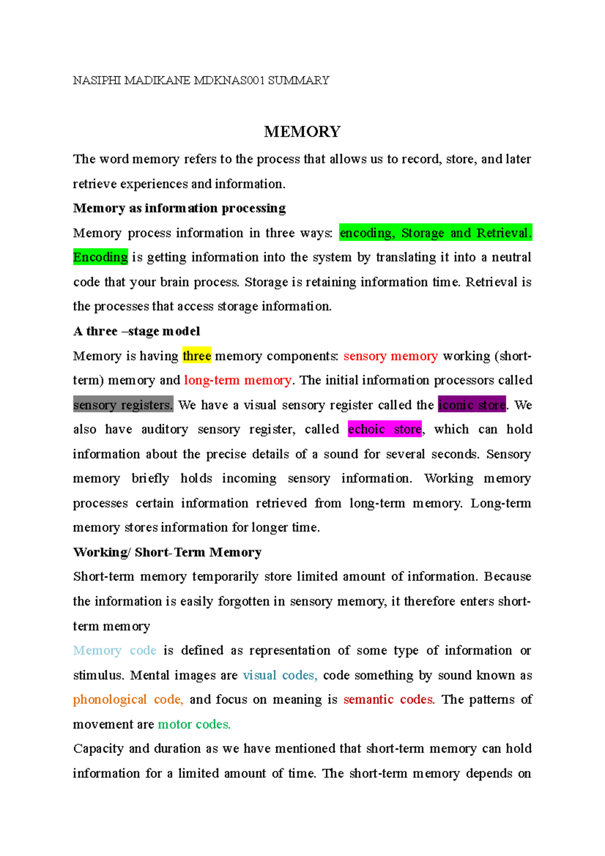 Chapter 8 - Memory 2 - NASIPHI MADIKANE MDKNAS001 SUMMARY MEMORY The ...
