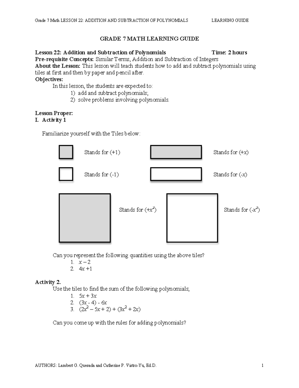 Add subt polynomials final lg1 - GRADE 7 MATH LEARNING GUIDE Lesson 22 ...