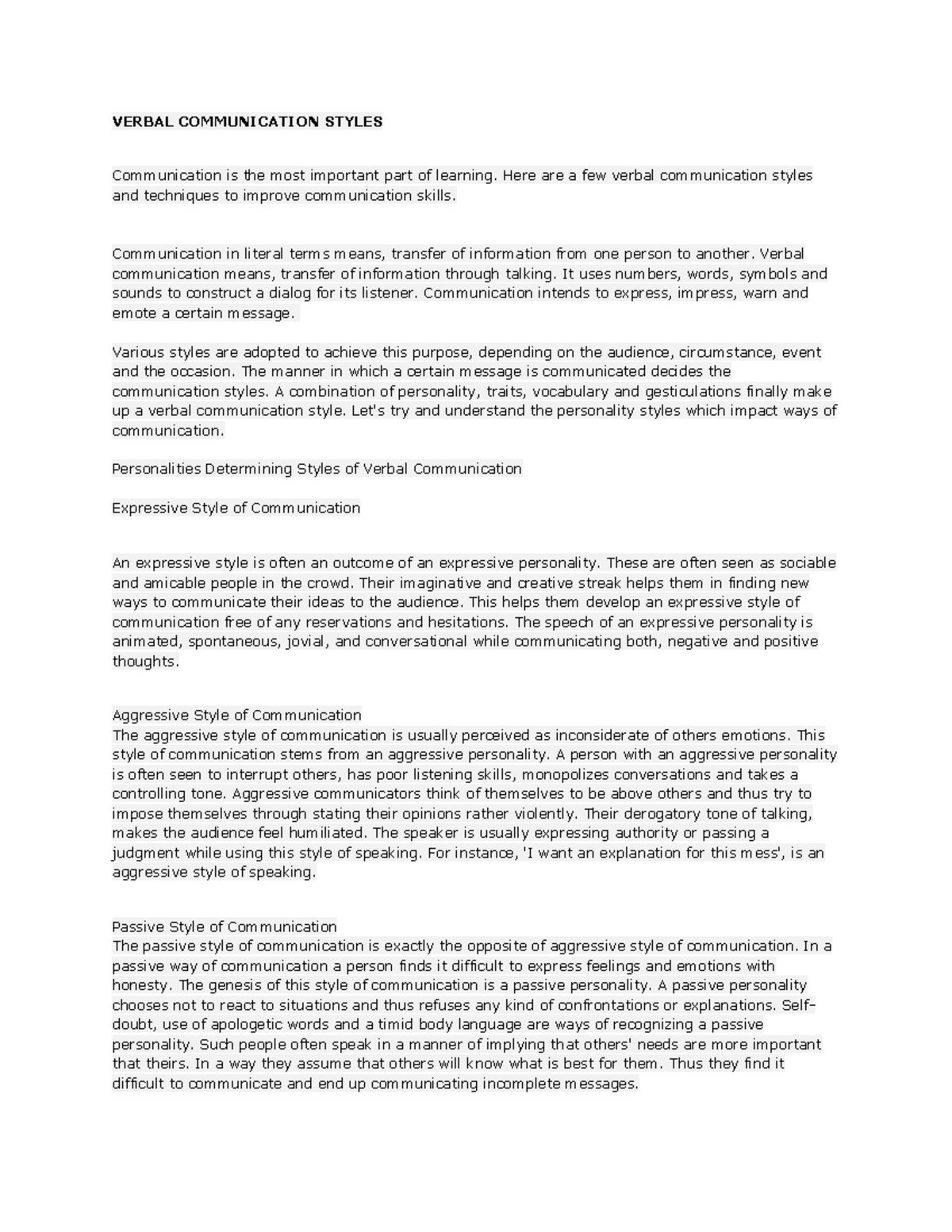 Verbal Communication Styles - VERBAL COMMUNICATION STYLES Communication ...