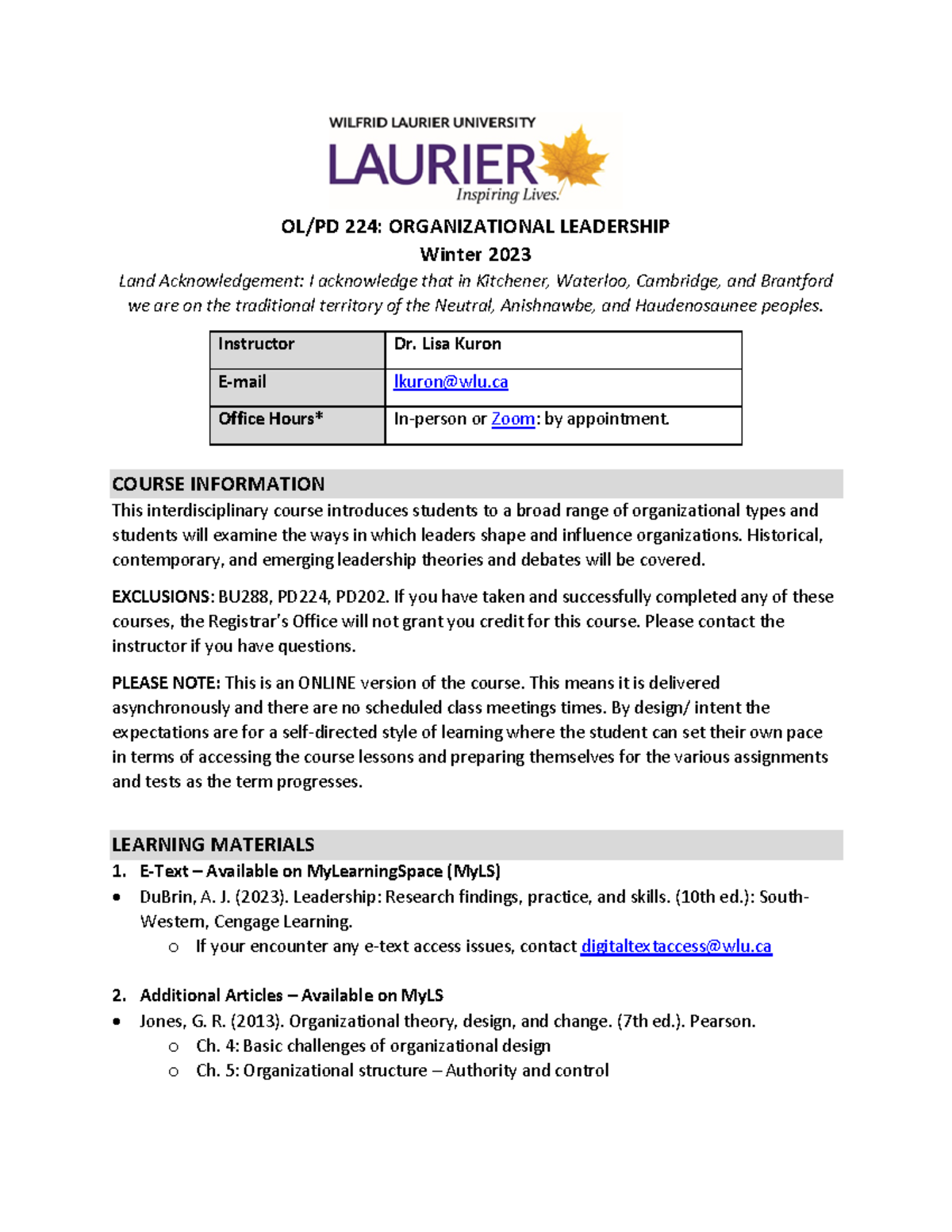 OLPD 224 OC W23 Course Outline 1 - OL/PD 224: ORGANIZATIONAL LEADERSHIP ...