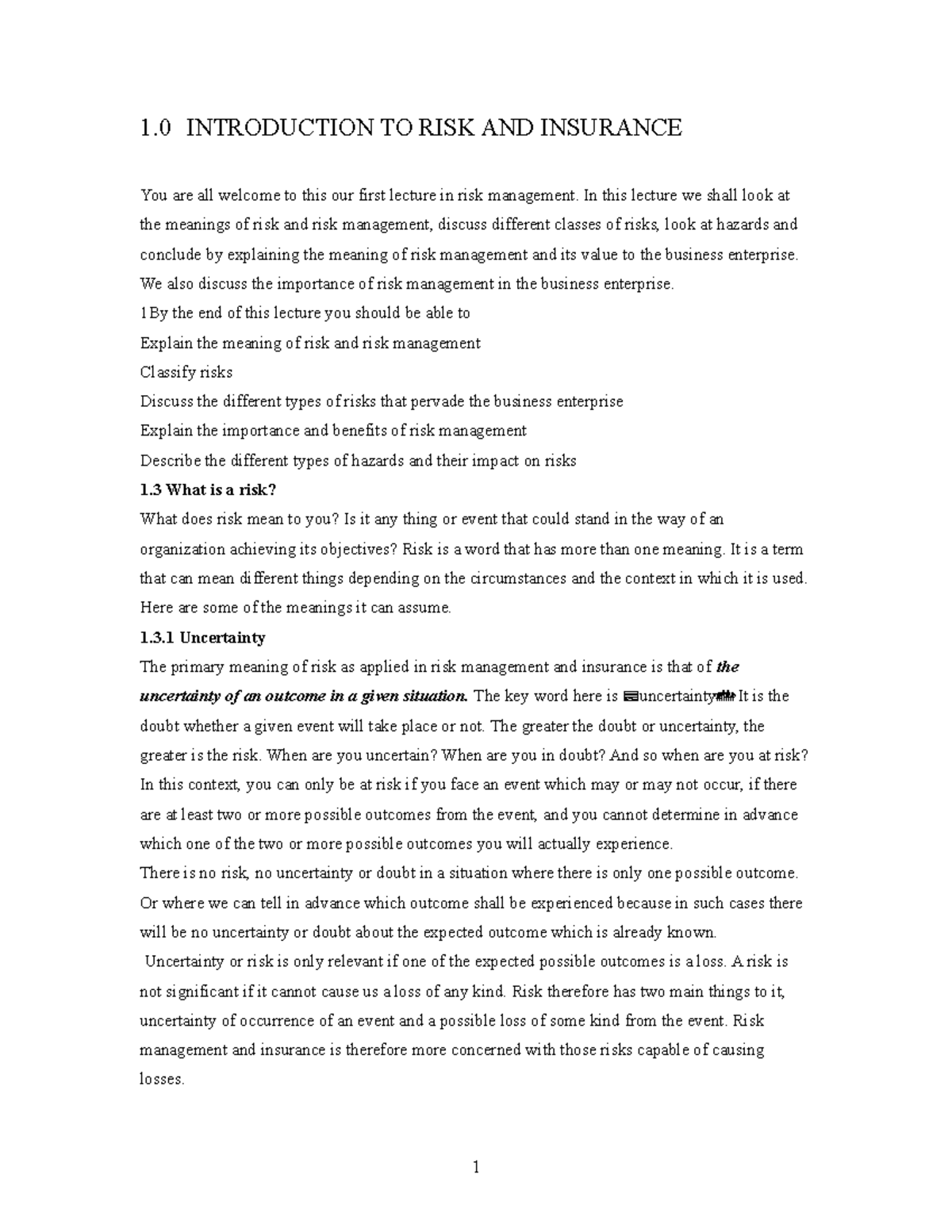 TBS 413 Notes JAN April 2019 - 1 INTRODUCTION TO RISK AND INSURANCE You ...