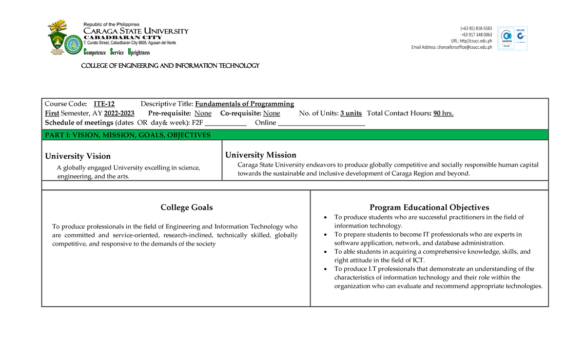 Syllabus ITE 12 Fundamental of Programming updated as of Jan - COLLEGE ...