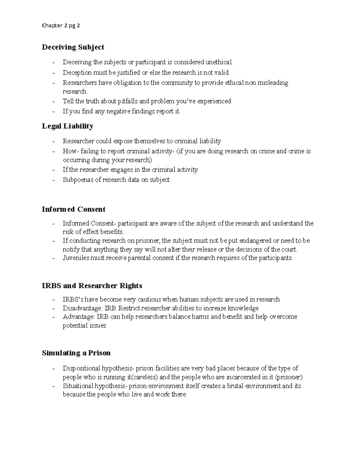 Chapter 2 pg 2 - Ethics in criminal Justice research - Chapter 2 pg 2 Deceiving Subject ...