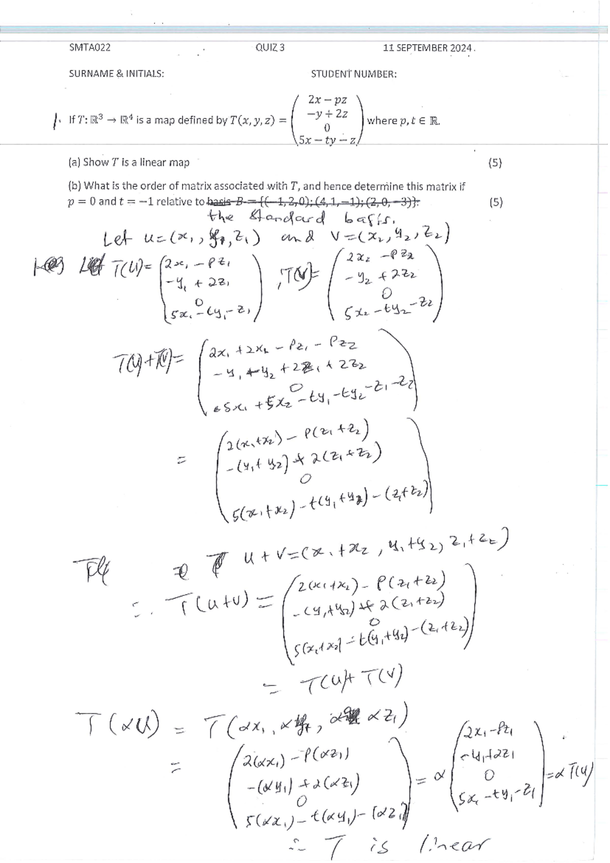 Quiz 3A - QUIZ SOLUTION - SMTA022 QUIZ 3 3 11 SEPTEMBER 2024. SURNAME ...