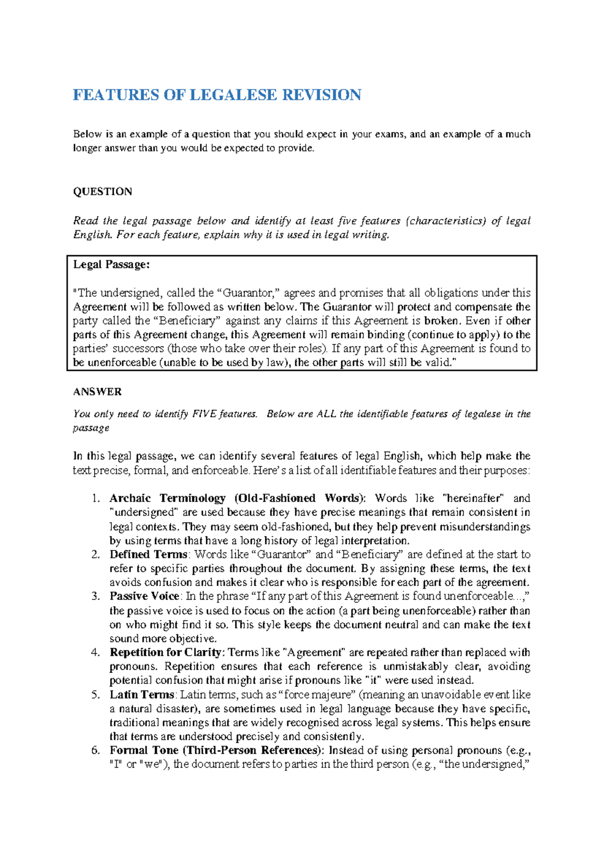 Features OF Legalese Revision - FEATURES OF LEGALESE REVISION Below is ...