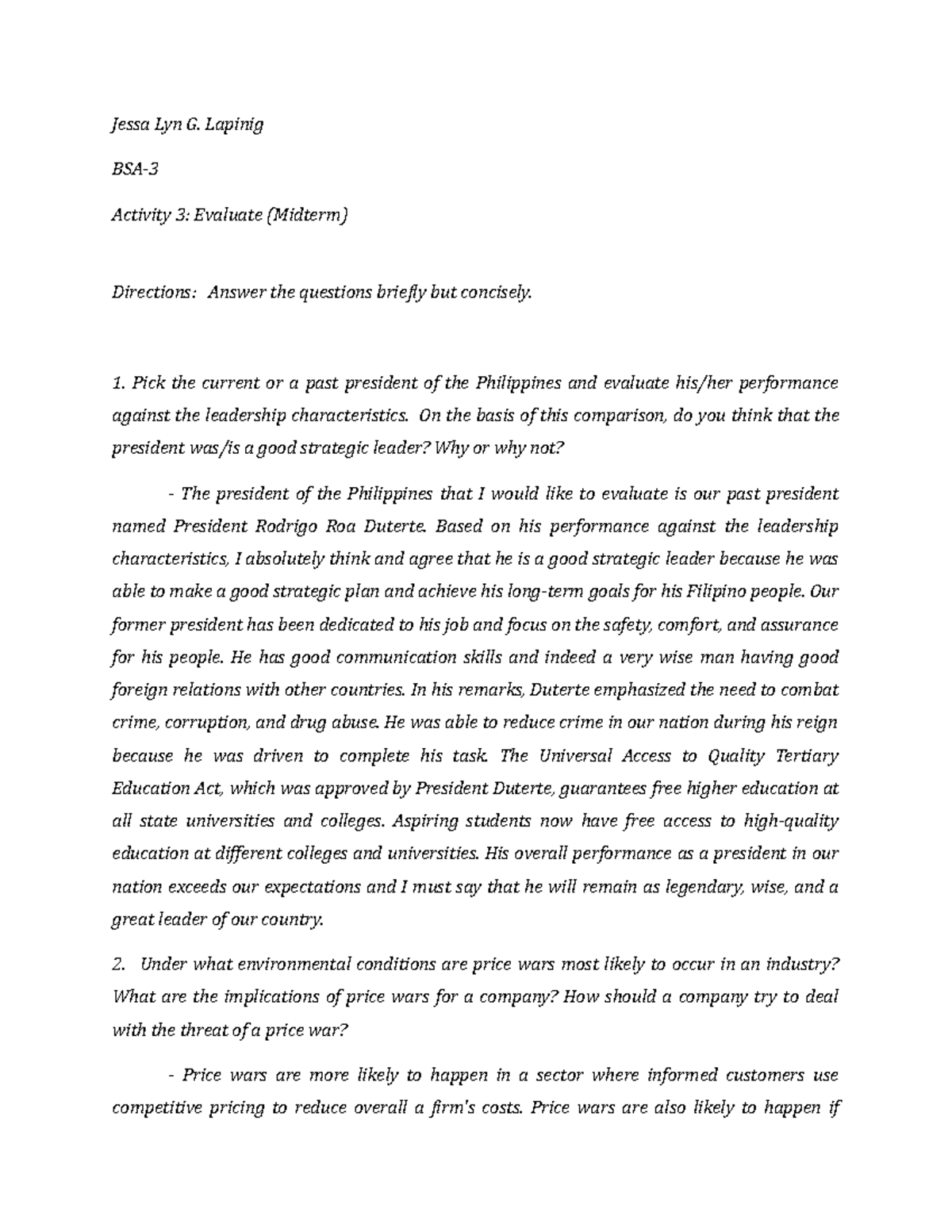 Activity 3 Evaluate Midterm by Lapinig BSA 3 - Jessa Lyn G. Lapinig BSA ...
